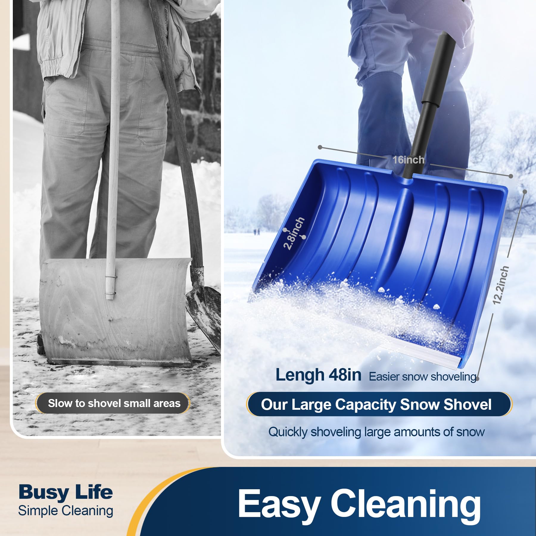 Yocada Snow Shovel for Driveway Home Garage Snow Removal with D-Grip Handle Aluminum Strip 48 inch Long Large Capacity Shovel for Garden Car Camping Outdoor