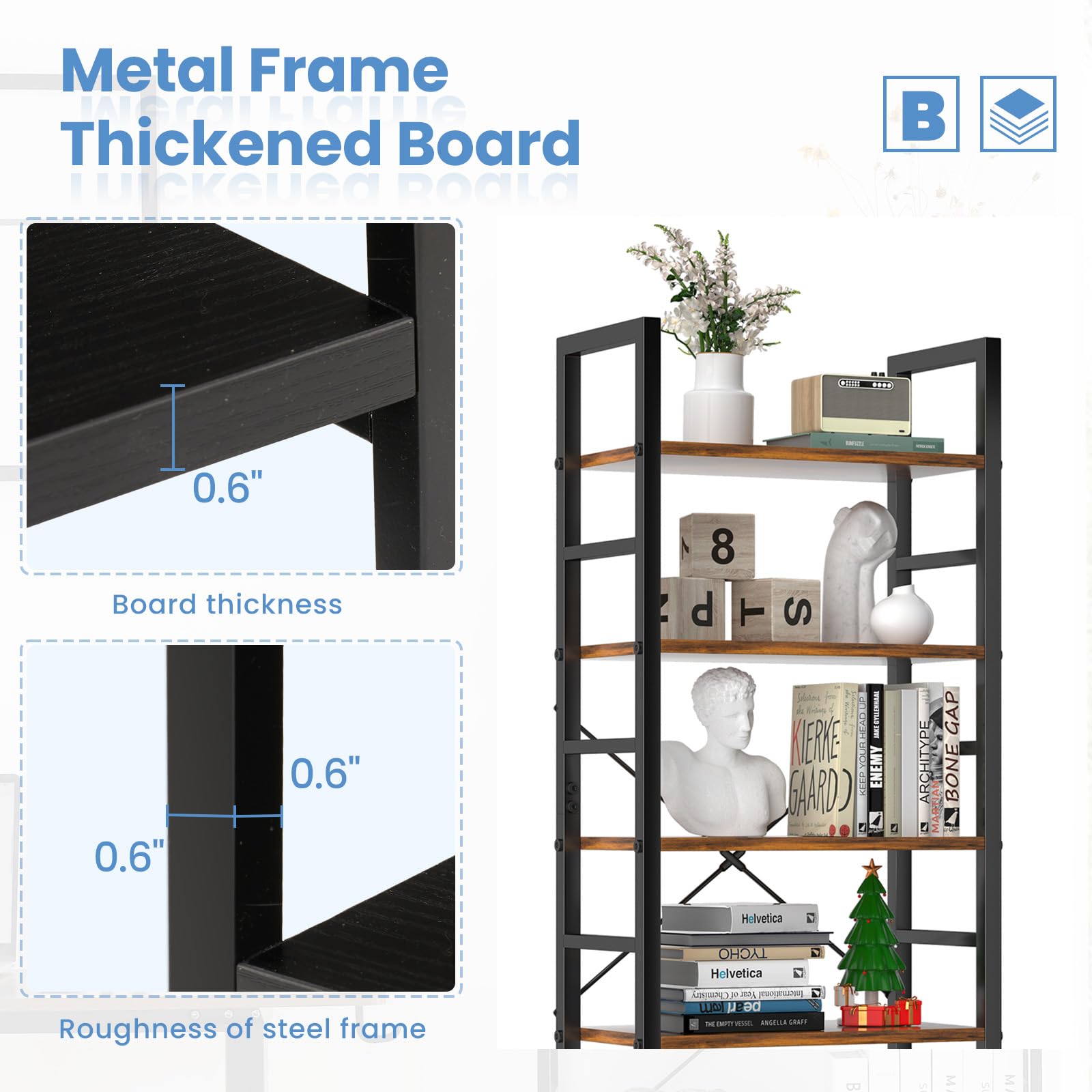 DUMOS 5 Tiers Bookshelf, Classical Modern Book Shelf, Tall Display Shelves in Living Room/Home/Office, Storage Organizer for CDs/Books/Movies, Rustic Brown