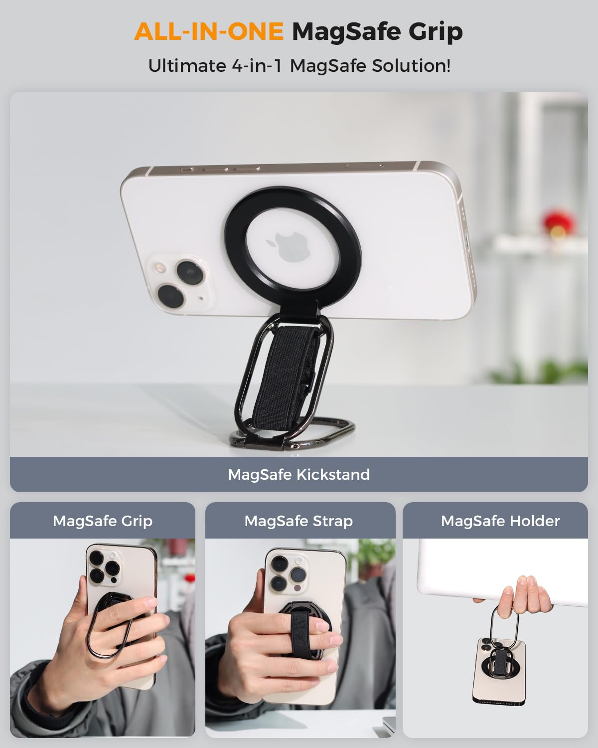 [2025 Newest] SUPERONE for MagSafe Phone Grip for MagSafe Kickstand Compatible with MagSafe Finger Loop, 4-in-1 Phone Ring Holder Strap for MagSafe iPhone 16/15/14/13/12 Series