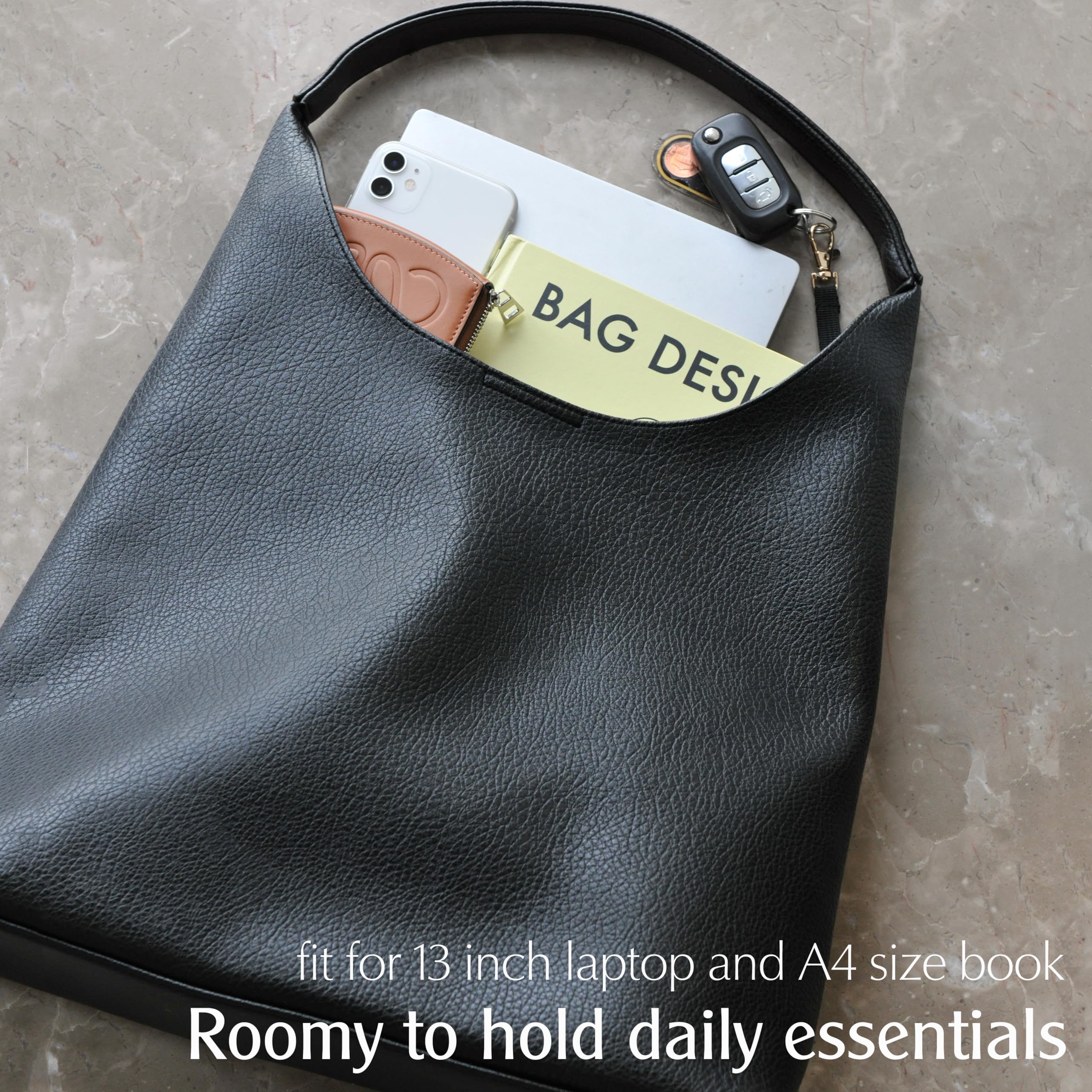 Hobo Bags for Women Soft Vegan Leather Shoulder Handbag Slouchy Tote Purses (Black)