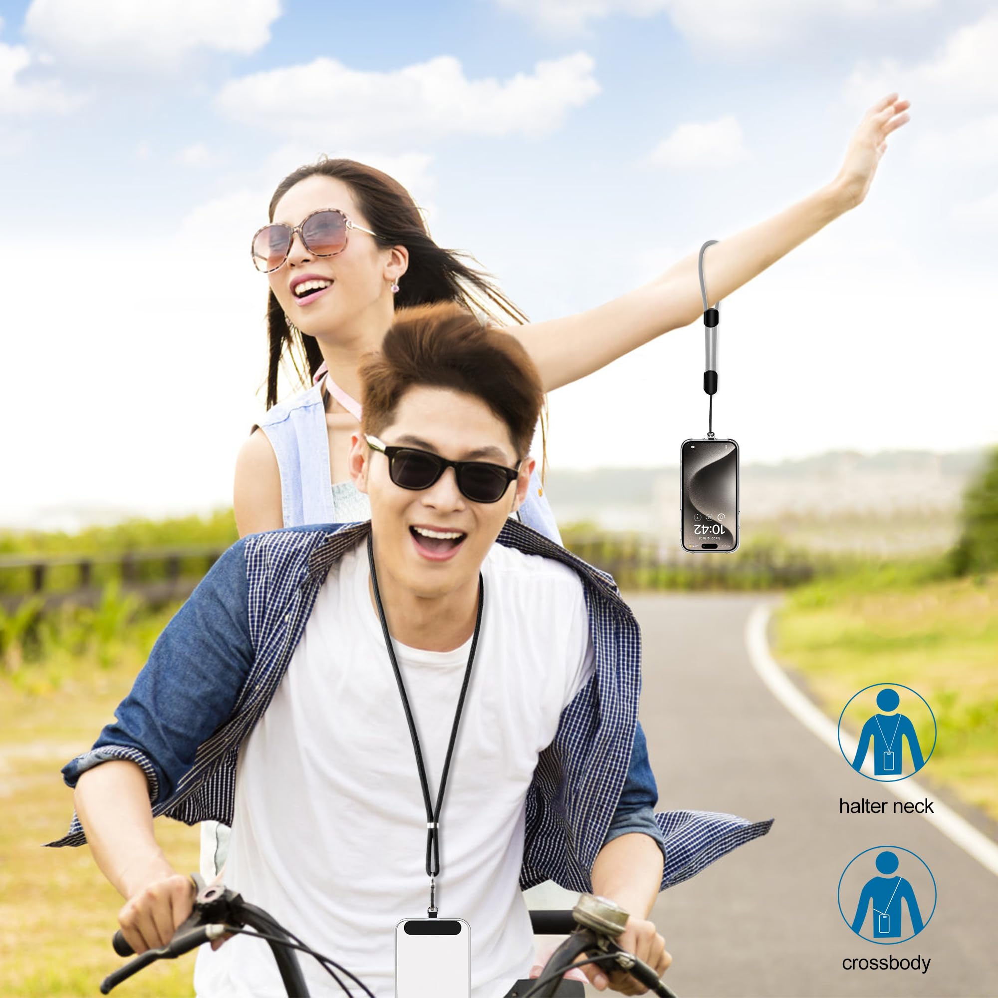 takyu Phone Lanyard, 2 Pack Adjustable Cell Phone Lanyard Crossbody Neck Strap & 2 Pack Phone Wrist Strap with Tether Tabs Compatible for iPhone Android Smartphones-Black Grey