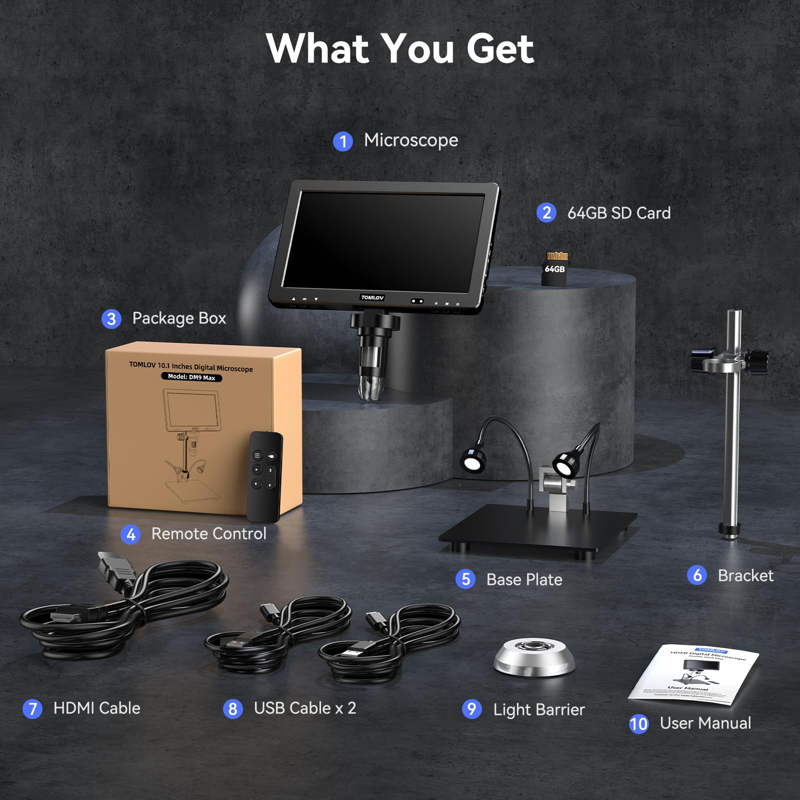 TOMLOV DM9 Max Digital Microscope: 10.1" 1500X 20MP HD IPS HDMI Coin Microscope Magnifier for Error Coins with Screen, LCD Soldering Microscopes for Adults, 10 LED Lights, PC/TV Compatible, 64GB