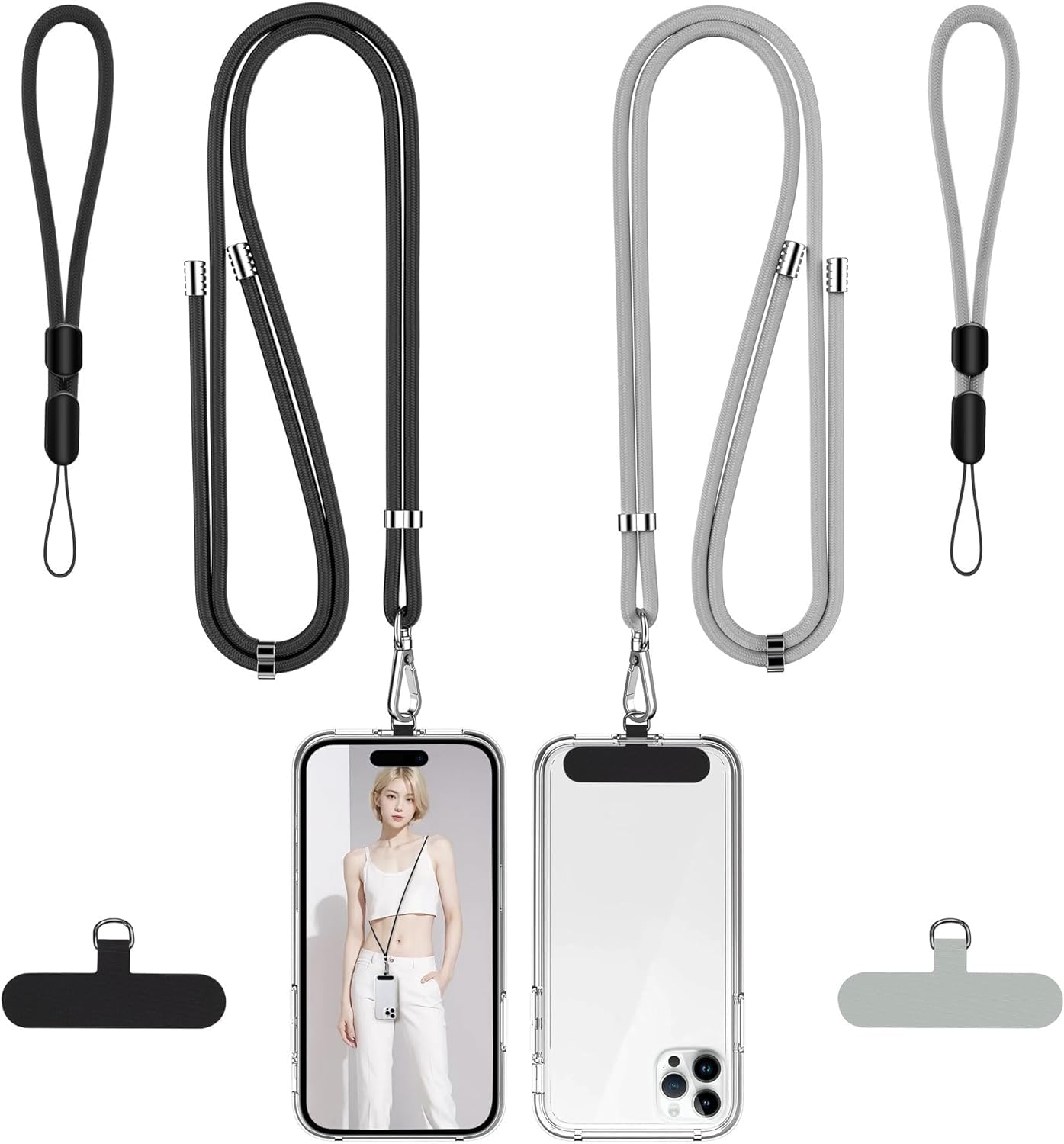 takyu Phone Lanyard, 2 Pack Adjustable Cell Phone Lanyard Crossbody Neck Strap & 2 Pack Phone Wrist Strap with Tether Tabs Compatible for iPhone Android Smartphones-Black Grey
