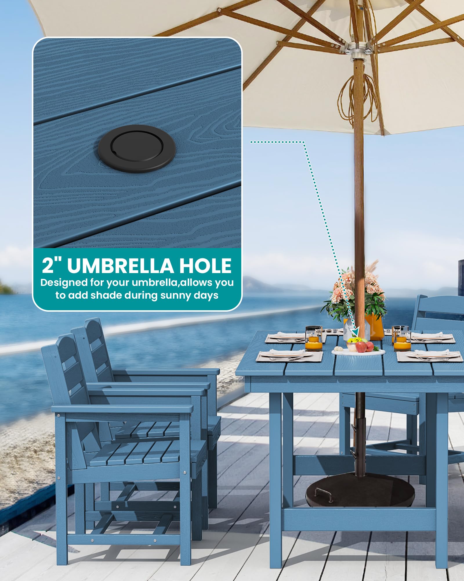 SERWALL 7-Piece Patio Dining Table Sets, Outdoor HDPE Dining Furniture Set with Umbrella Hole Cut-Out Table and 6 Chairs, Blue