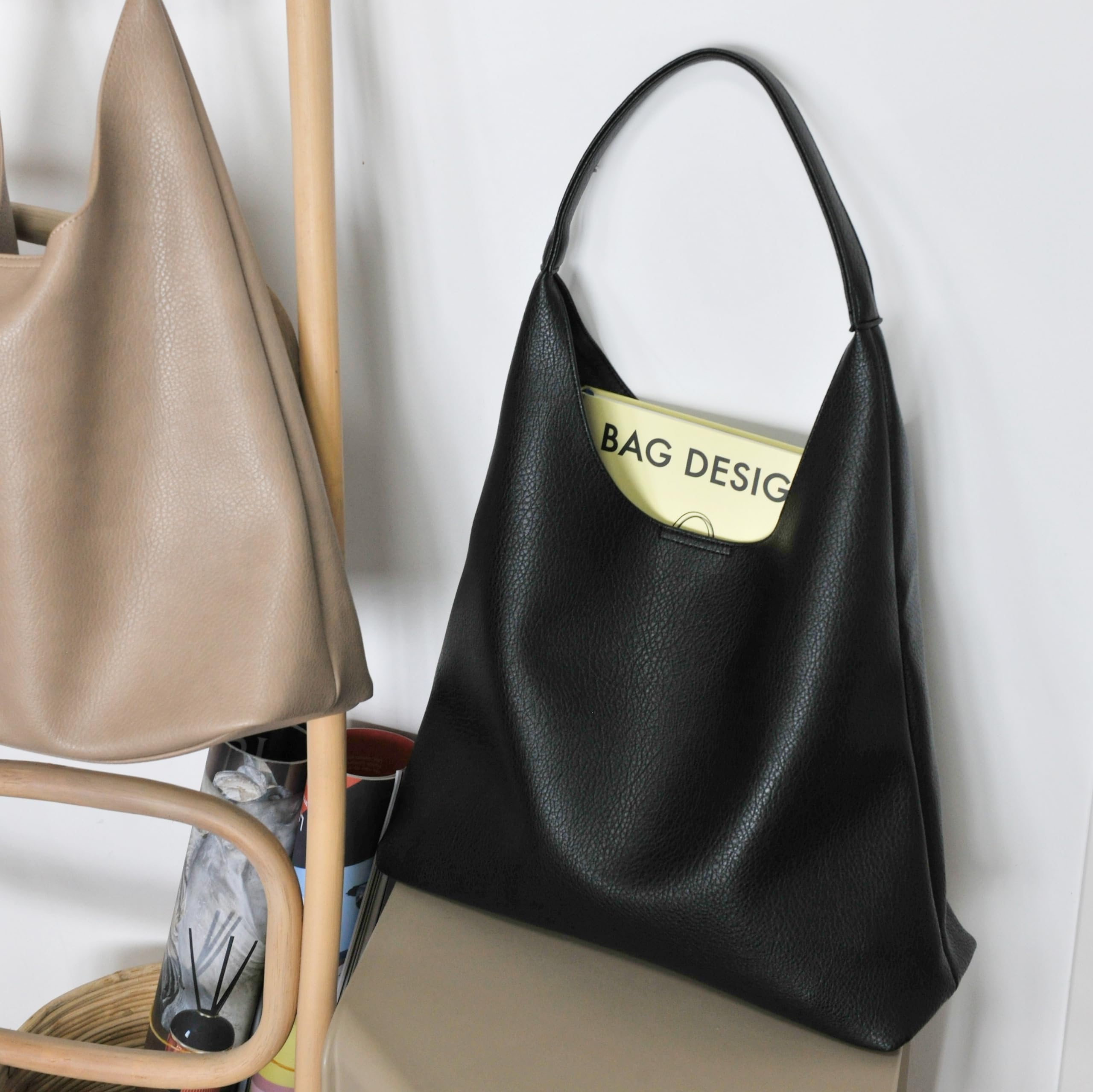 Hobo Bags for Women Soft Vegan Leather Shoulder Handbag Slouchy Tote Purses (Black)