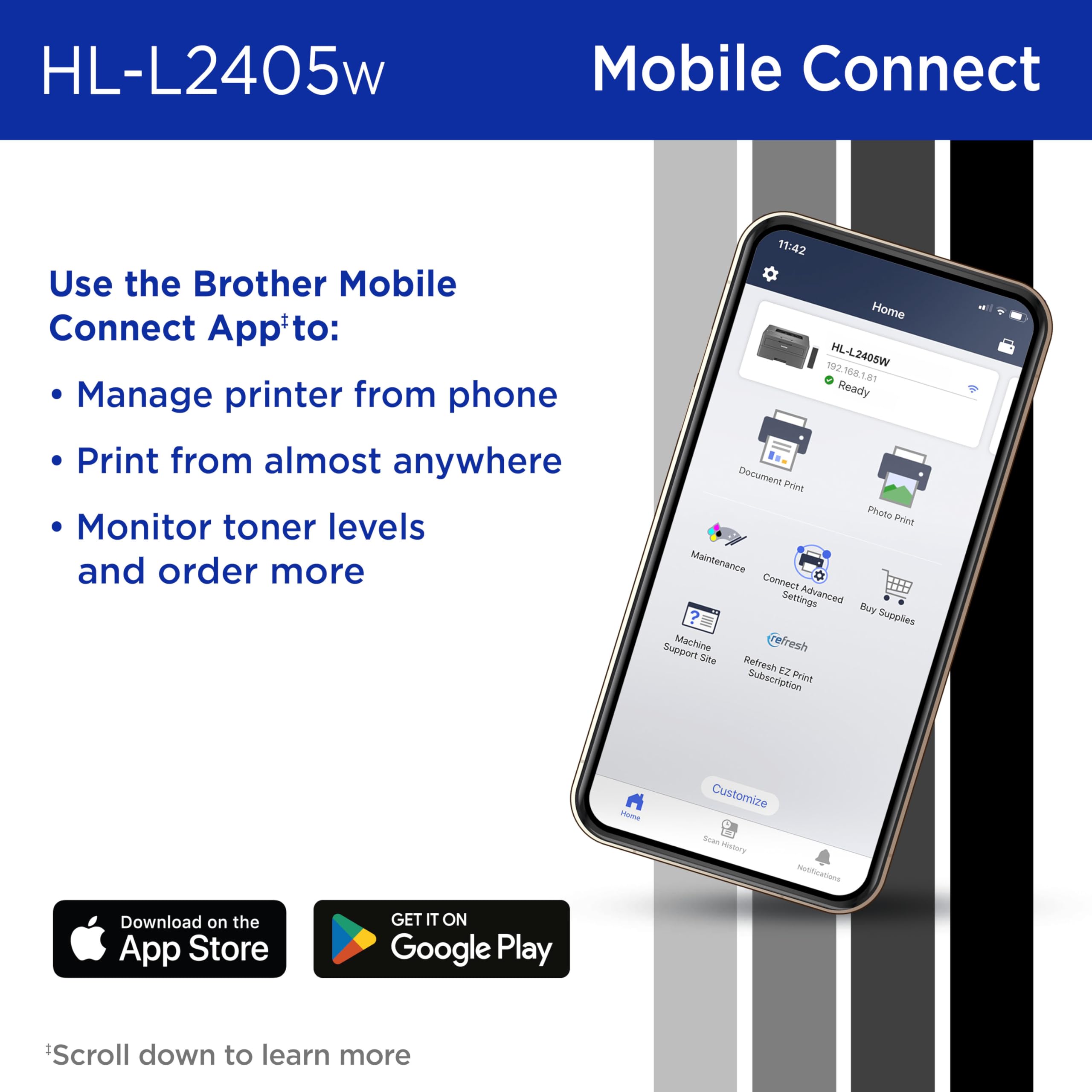 Brother HL-L2405W Wireless Compact Monochrome Laser Printer with Mobile Printing, Black & White Output | Includes Refresh Subscription Trial(1), Amazon Dash Replenishment Ready