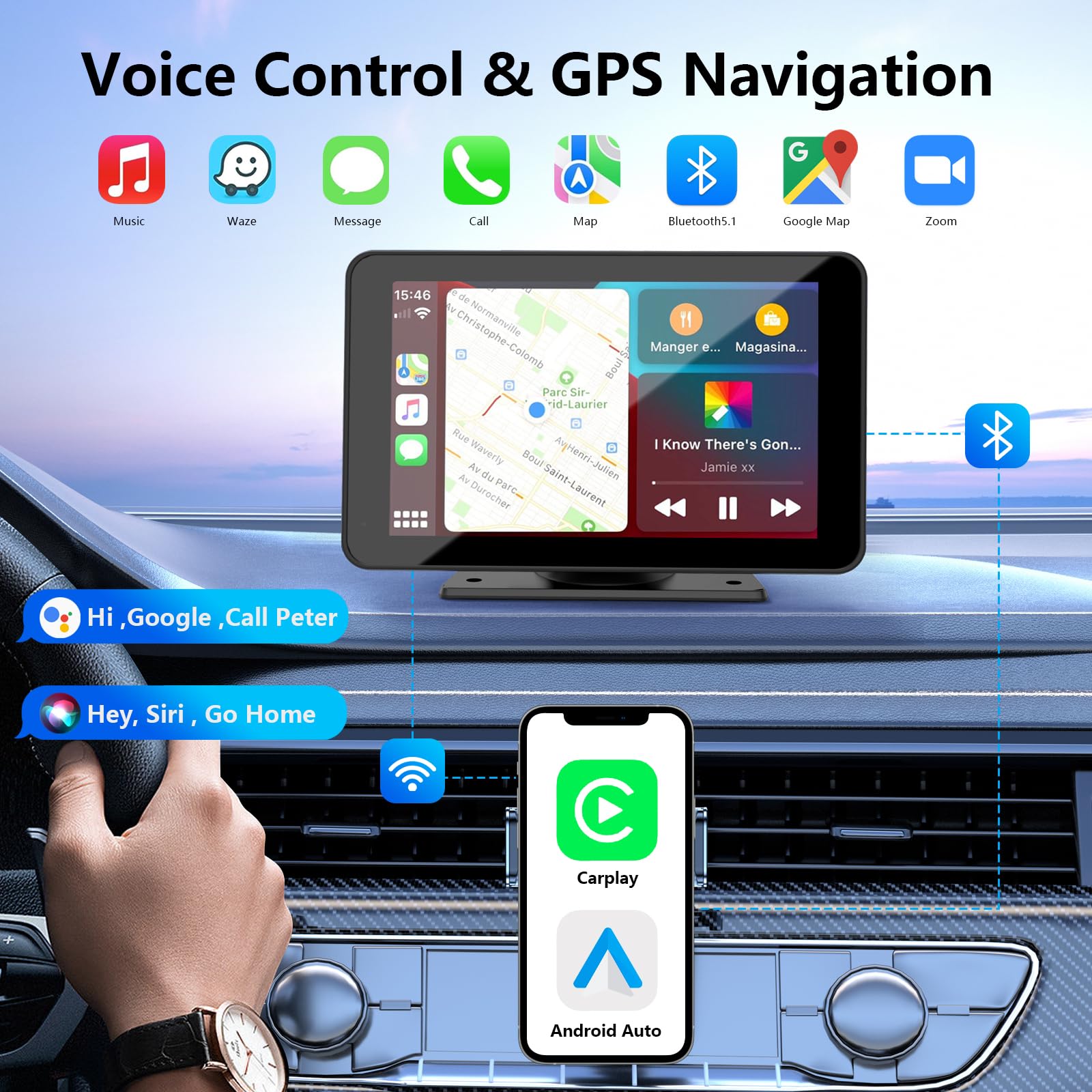 Apple Carplay Screen for Car, 7" HD Portable Car Stereo Touch Screen with Wireless Android Auto, Backup Camera, Car Audio Receivers with Voice Control, Mirror Link, Bluetooth, GPS Navigation