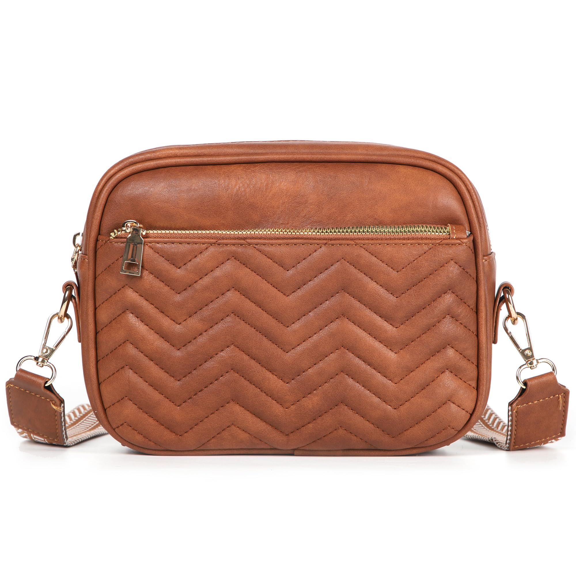 VODIU Quilted Crossbody Bags for Women Purses Handbags Small Vegan Leather Shoulder Bag with Wide Strap Trendy Cross Body Purse Brown
