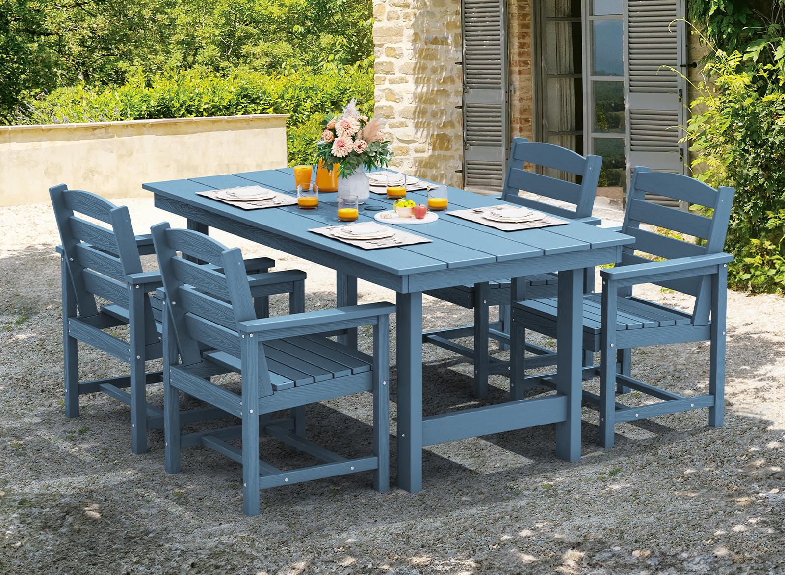 SERWALL 7-Piece Patio Dining Table Sets, Outdoor HDPE Dining Furniture Set with Umbrella Hole Cut-Out Table and 6 Chairs, Blue