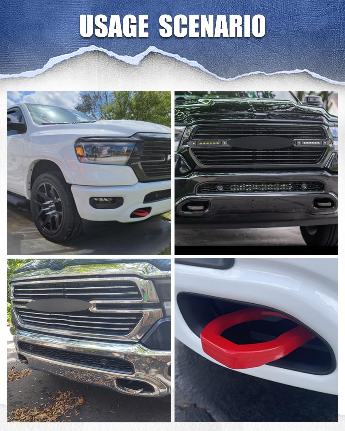 MEPARERI Ram 1500 Front Tow Hooks with Bumper Bezels Fit for 2019-2023 Dodge Ram 1500 Replace#82215268AB 68272944AB 68272945AB