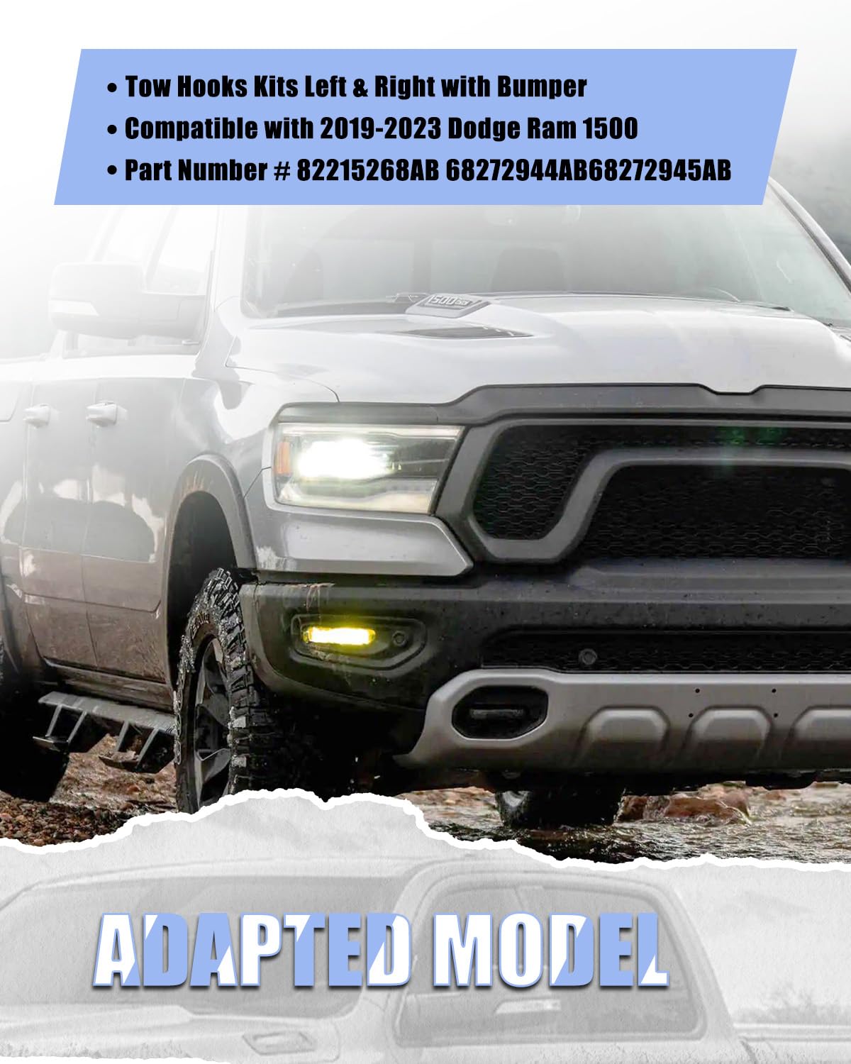 MEPARERI Ram 1500 Front Tow Hooks with Bumper Bezels Fit for 2019-2023 Dodge Ram 1500 Replace#82215268AB 68272944AB 68272945AB