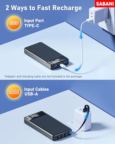 SABANI Portable Charger 35000mAh Power Bank - Portable Battery with 4 Built in Cables, 22.5W Fast Charging Battery Pack Compatible with iPhone 16 15 14 13 Samsung Android Phone etc (1 Pack, Black)