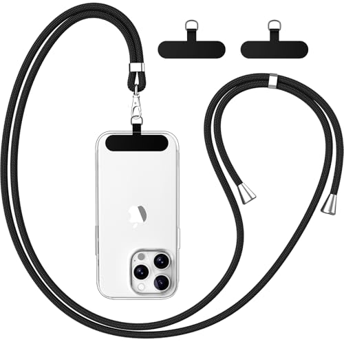 caslord Phone Lanyard, 2× Patches, 1× Polyester Adjustable Strap, Adjustable and Removable Universal Cell Phone Multifunctional Patch Lanyards Compatible with Most Smartphones-Black