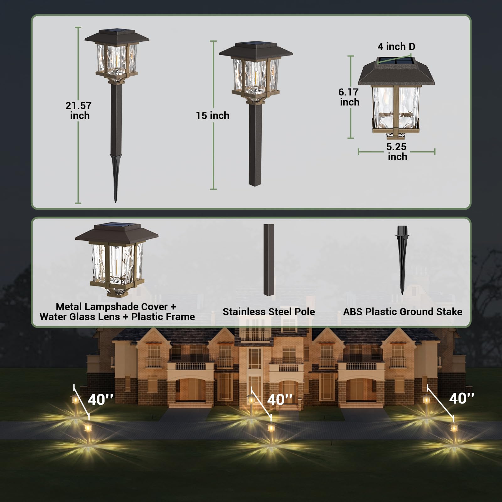 XMCOSY+ Solar Outdoor Lights Waterproof IP65, Solar-Powered Garden/Yard/Pathway Lights with 20LM Warm White 2-Tone Bronze-Wood Stainless Steel Design for Landscape Driveway Walkway Decorative