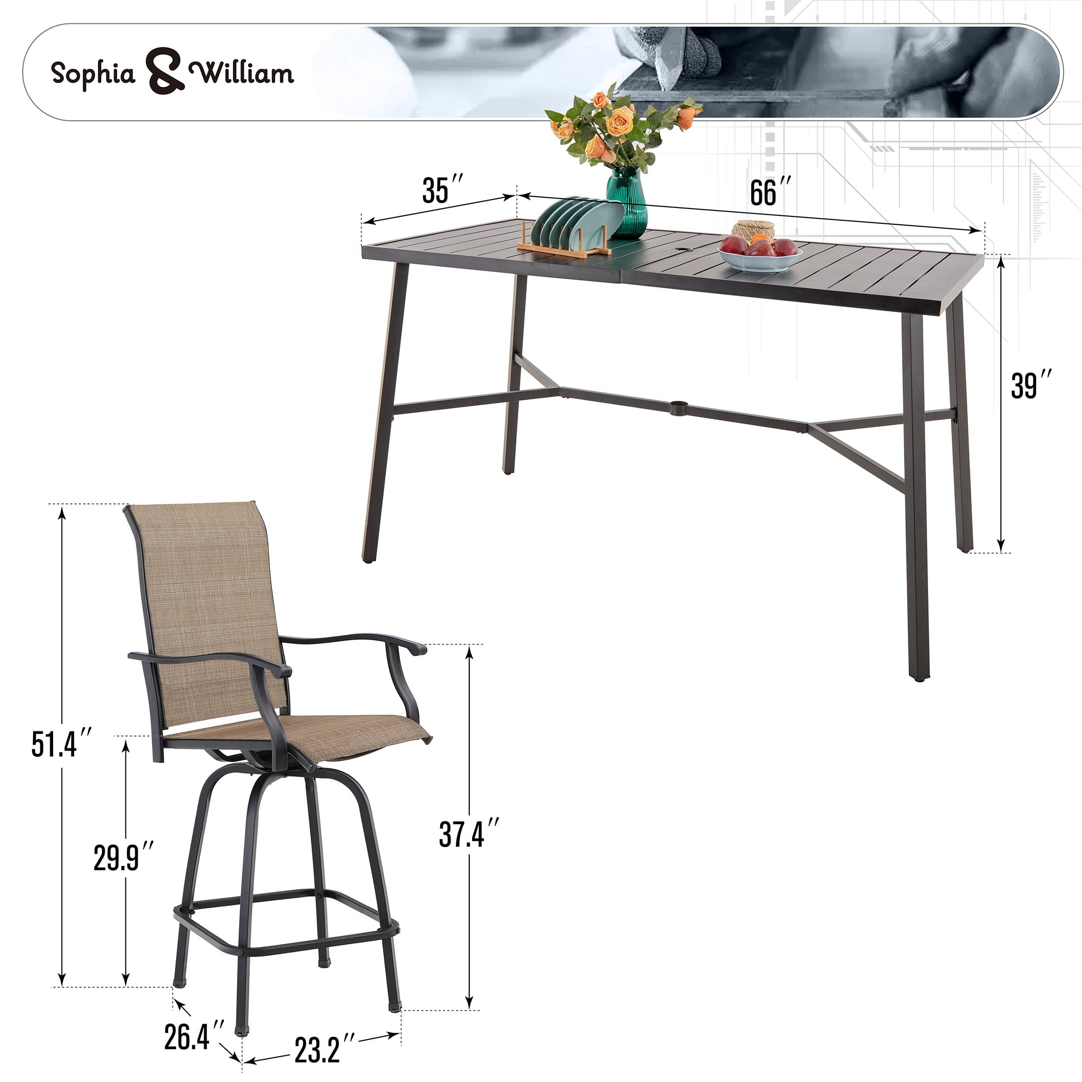 Sophia & William Outdoor Bar Set, Patio Bar Table and Chairs Set, Bar Height Patio Set - 4 x Swivel Bar Chairs(Brown), 1 x Rectangular Bar Table(Black)