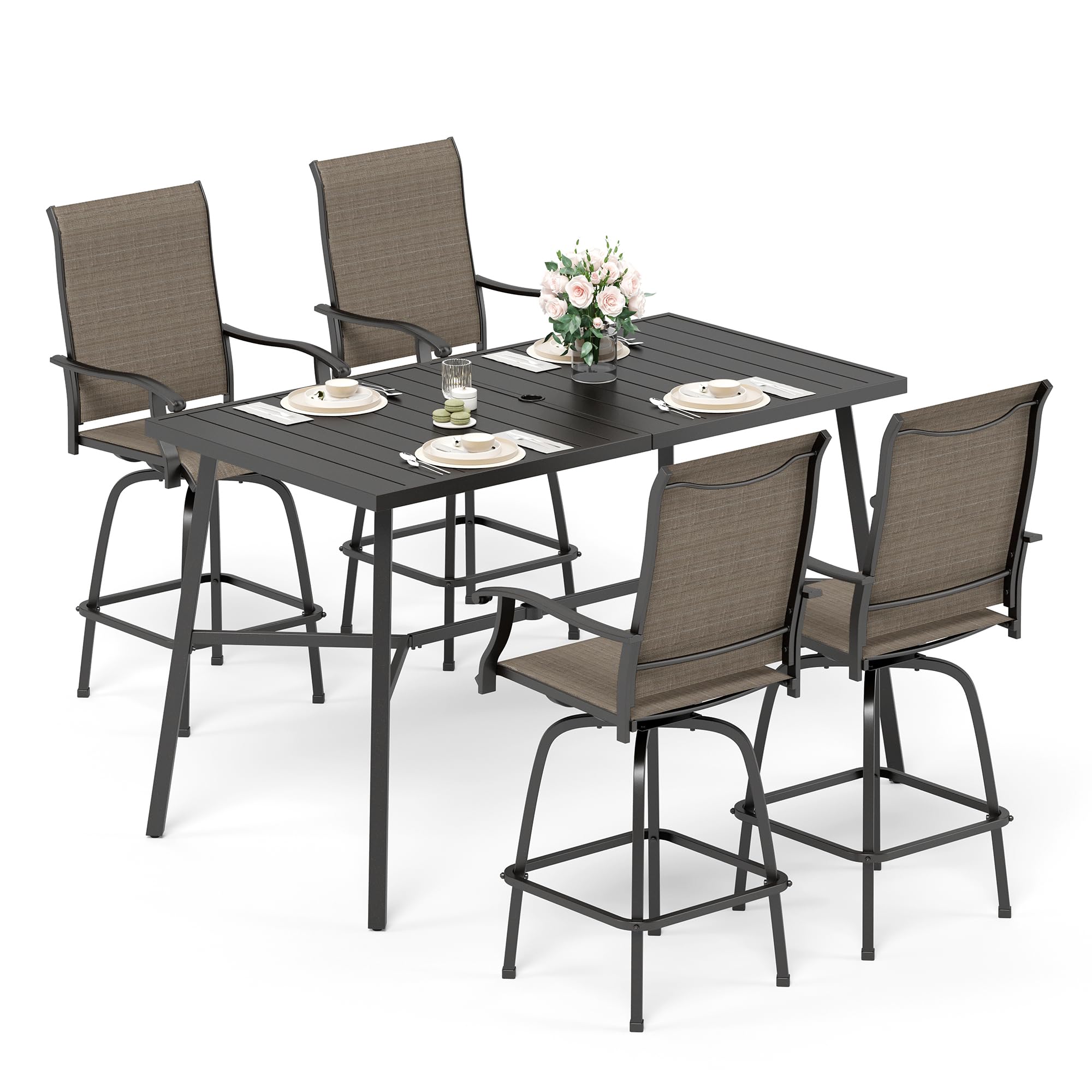 Sophia & William Outdoor Bar Set, Patio Bar Table and Chairs Set, Bar Height Patio Set - 4 x Swivel Bar Chairs(Brown), 1 x Rectangular Bar Table(Black)