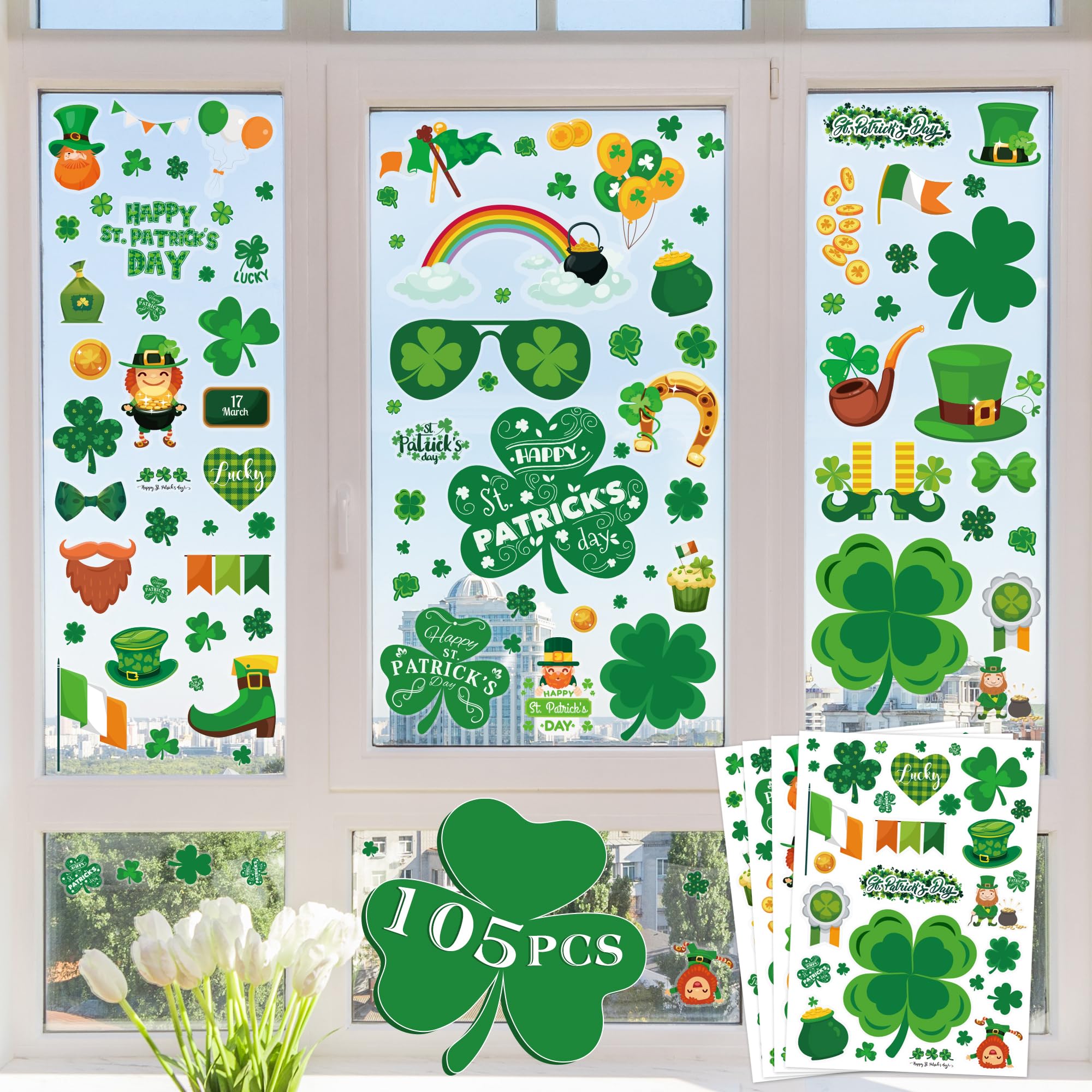 MDDRUIQI St Patricks Day Decorations - 105 PCS St Patricks Day Window Clings - Shamrock Stickers for Glass Reusable Static Spring Shamrock Decorations | St Patricks Day Decor