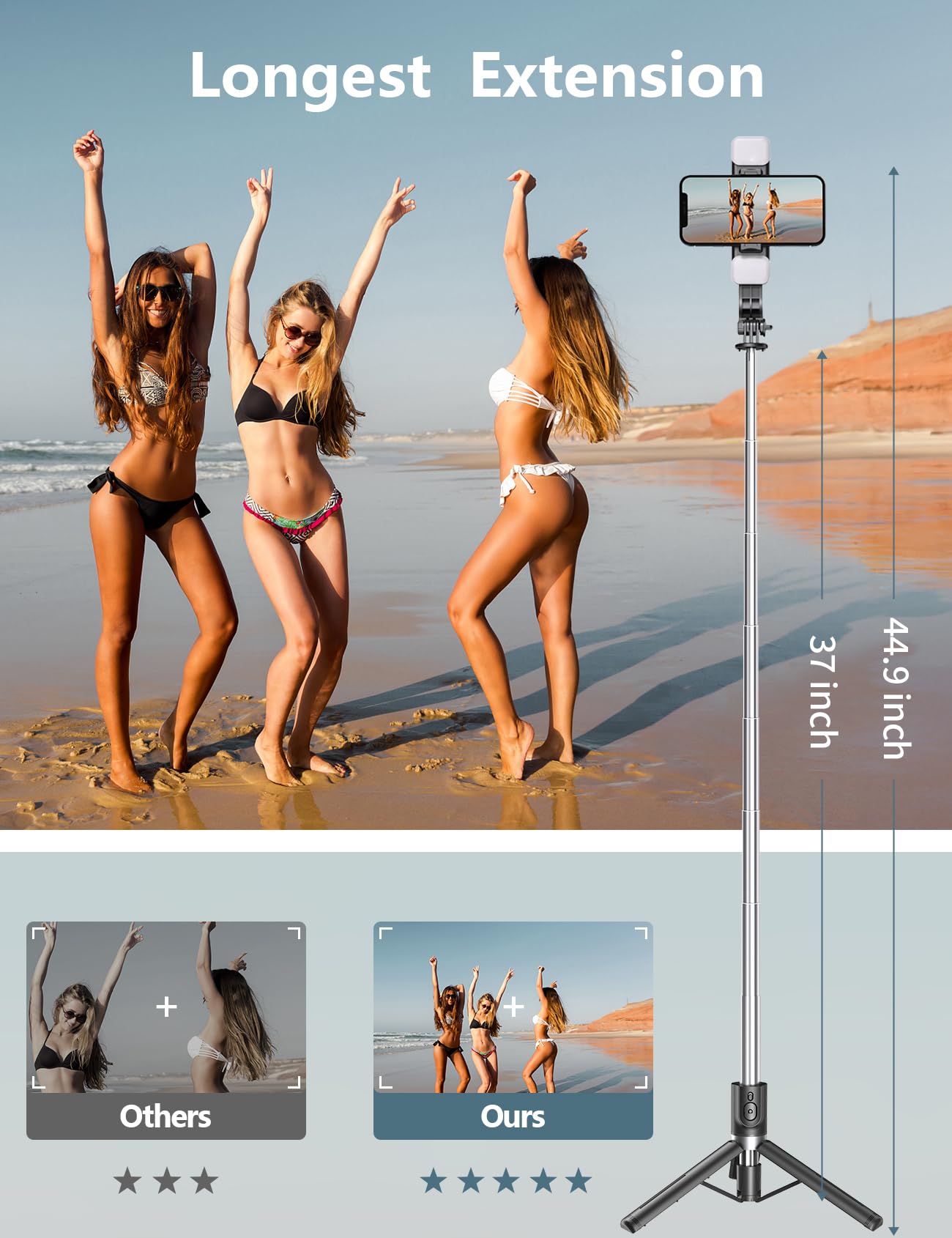 Selfie Stick Tripod with Light, 45'' Selfie Stick with Wireless Remote, Portable Phone Tripod Compatible with iPhone 16/15 Pro Max/15/14 Pro/14/13, Samsung S22/ S23 Ultra/Android Smartphone