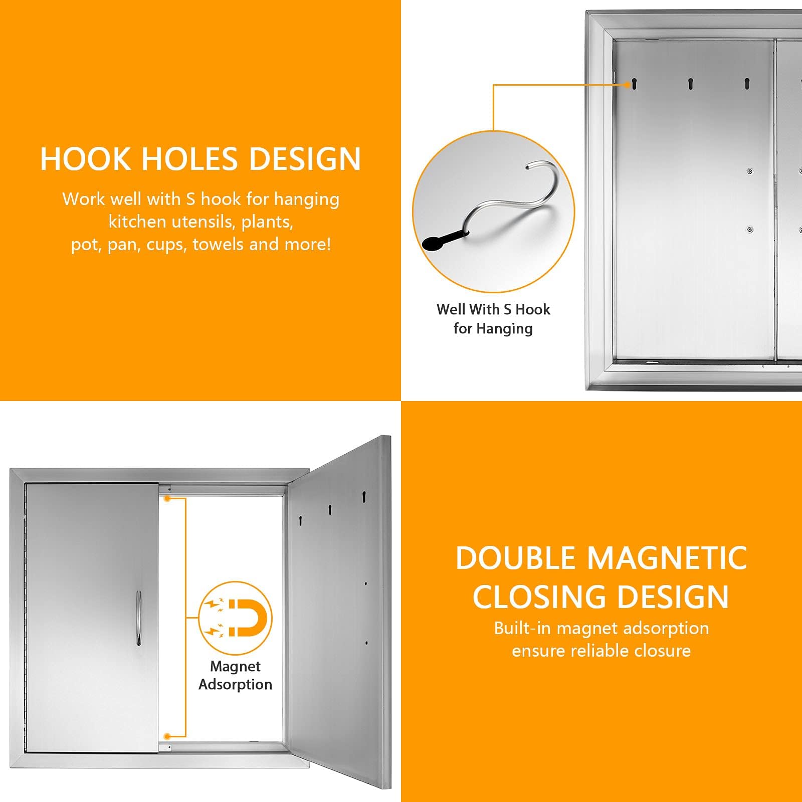 BBQ Future Outdoor Kitchen Access Doors 24W x 24H, Grill Double Door Brushed Stainless Steel Storage Cabinet for Grilling Station & BBQ Island