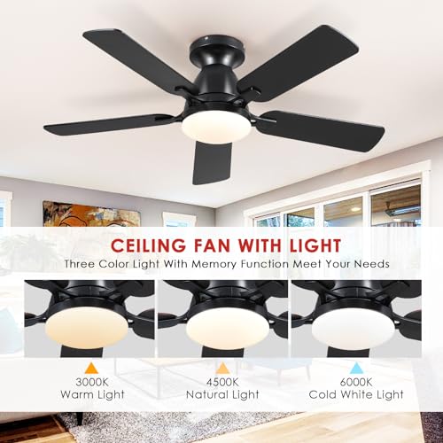 Ceiling Fans with Lights- 46"Low Profile Indoor Ceiling Fan with Light and Remote/APP Control, Flush Mount, LED Dimmable DC Reversible Modern Ceiling Fan for Bedroom(Black)