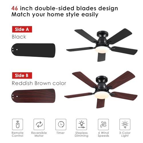Ceiling Fans with Lights- 46"Low Profile Indoor Ceiling Fan with Light and Remote/APP Control, Flush Mount, LED Dimmable DC Reversible Modern Ceiling Fan for Bedroom(Black)