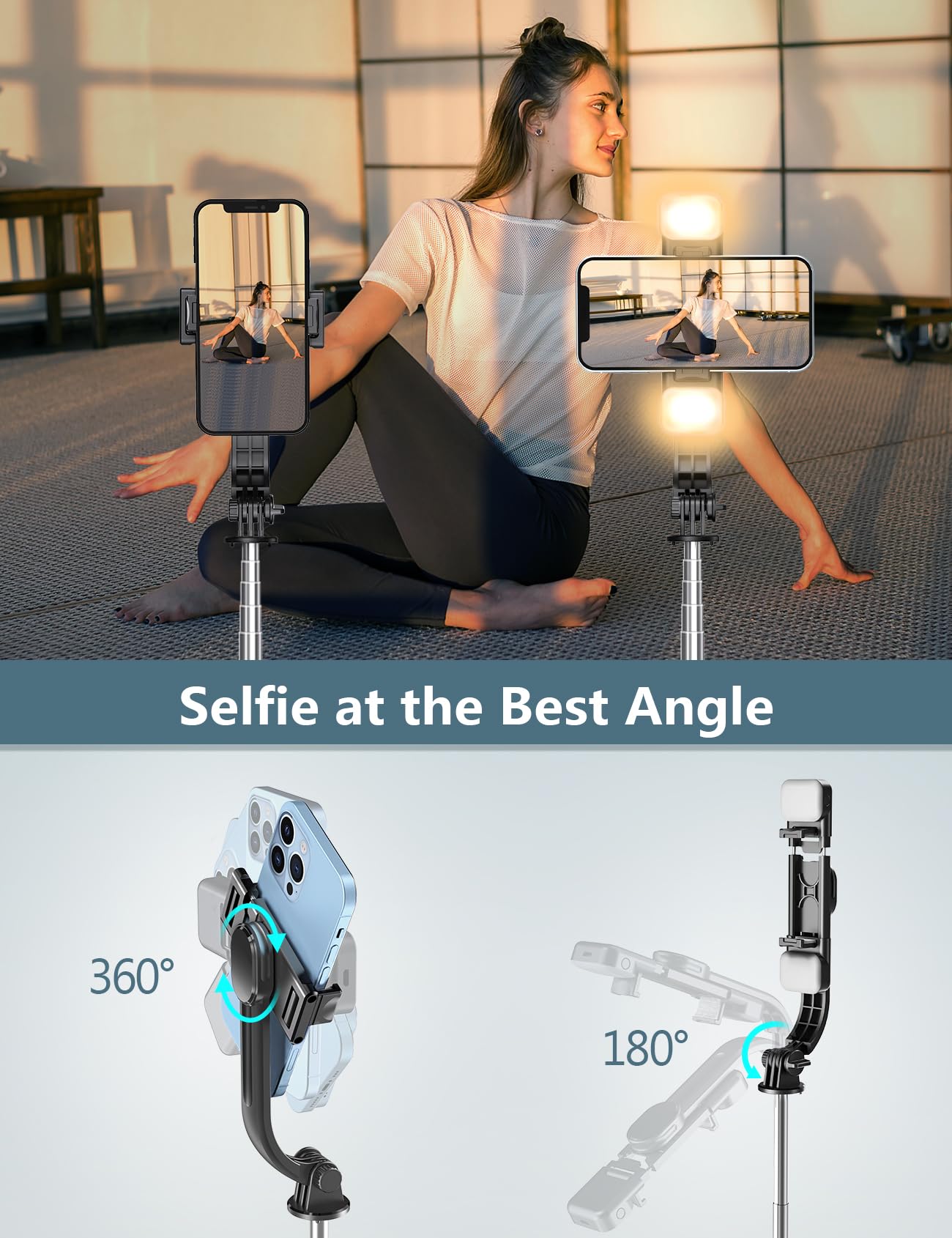 Selfie Stick Tripod with Light, 45'' Selfie Stick with Wireless Remote, Portable Phone Tripod Compatible with iPhone 16/15 Pro Max/15/14 Pro/14/13, Samsung S22/ S23 Ultra/Android Smartphone
