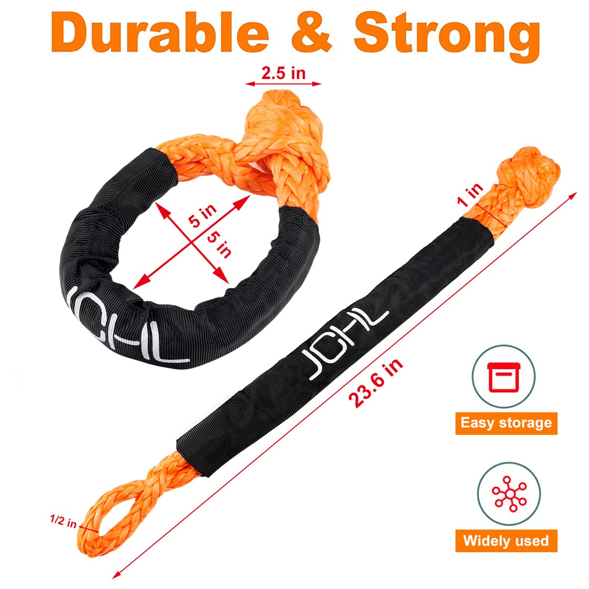 JCHL Soft Shackle Synthetic Road Recovery Rope 1/2' X 23 Inch 56000LBS Breaking Strength Tow Shackles for Sailing SUV Off Road Towing ATV Recovery 2 Pack