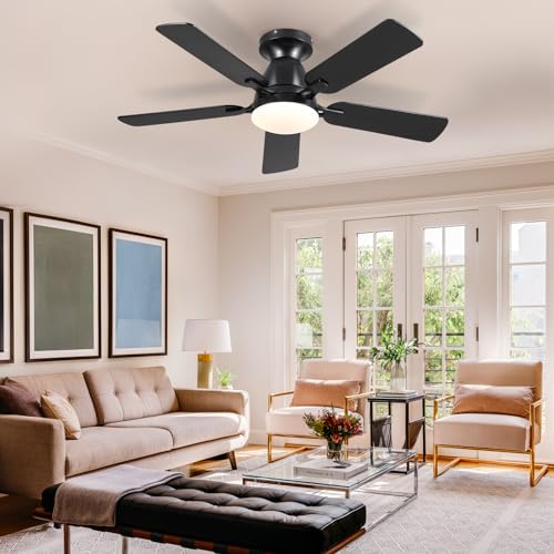 Ceiling Fans with Lights- 46"Low Profile Indoor Ceiling Fan with Light and Remote/APP Control, Flush Mount, LED Dimmable DC Reversible Modern Ceiling Fan for Bedroom(Black)