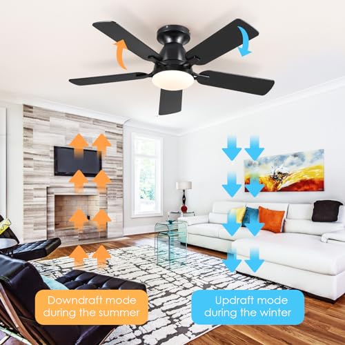Ceiling Fans with Lights- 46"Low Profile Indoor Ceiling Fan with Light and Remote/APP Control, Flush Mount, LED Dimmable DC Reversible Modern Ceiling Fan for Bedroom(Black)