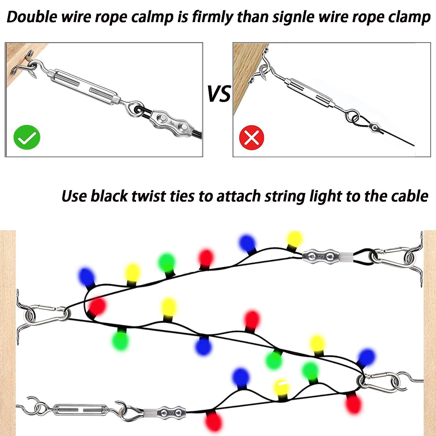 BRISBONN Outdoor String Light Hanging Kit - 164FT Black Vinyl-Coated Stainless Steel 304 Wire Rope with Turnbuckles & Hooks, Globe Lights Suspension Kit for Patio, Backyard, Garden - Easy Installation