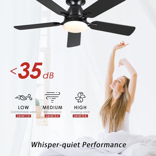Ceiling Fans with Lights- 46"Low Profile Indoor Ceiling Fan with Light and Remote/APP Control, Flush Mount, LED Dimmable DC Reversible Modern Ceiling Fan for Bedroom(Black)