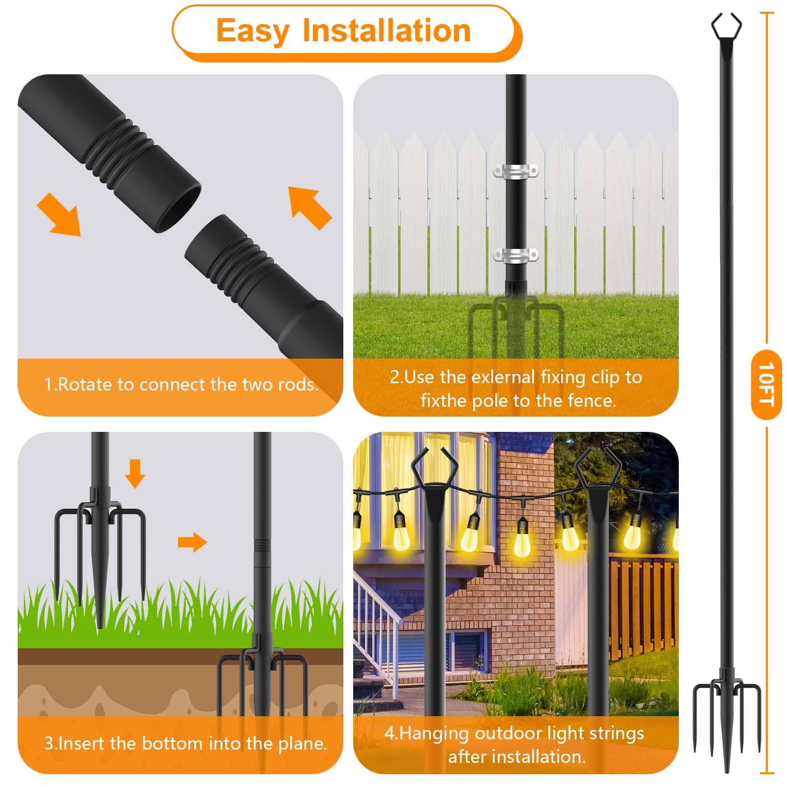 LETIANPAI 4 Pack String Light Poles,10 Ft Metal Poles with Fork for Outdoor String Lights,Outdoor Light Poles with Fork,Poles/Post/Stand for Outside,Patio,Deck,Backyard,Garden Wedding,Party
