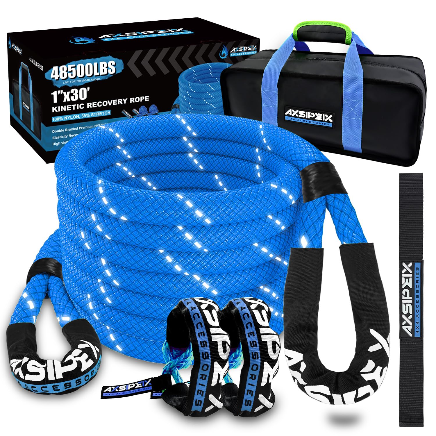 AXSIPEIX 1"×30ft Kinetic Recovery Rope (48,500lbs) Heavy Duty Offroad Recovery Rope with 2 Soft Shackles 1/2" x 22" Offroad Recovery Kit for UTV, ATV, Truck, Car (Blue)