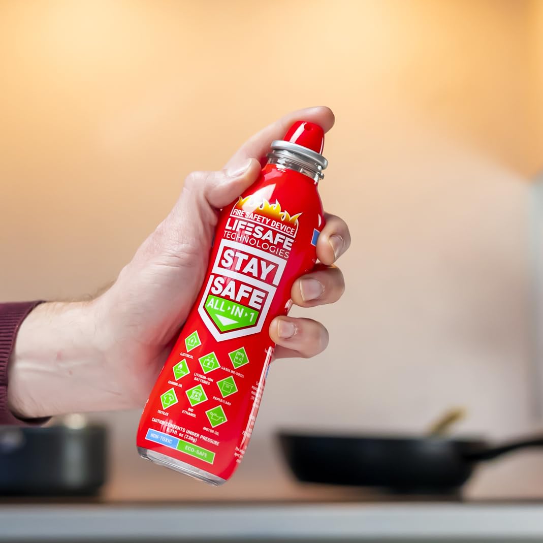 LifeSafe Technologies StaySafe All-in-1 Portable Fire Extinguisher - Compact & Easy to Use, for Home, Kitchen, Car, Garage, Boat, Non-Toxic & Eco-Friendly, Tackles 10 Types of Fire, Pack of 3