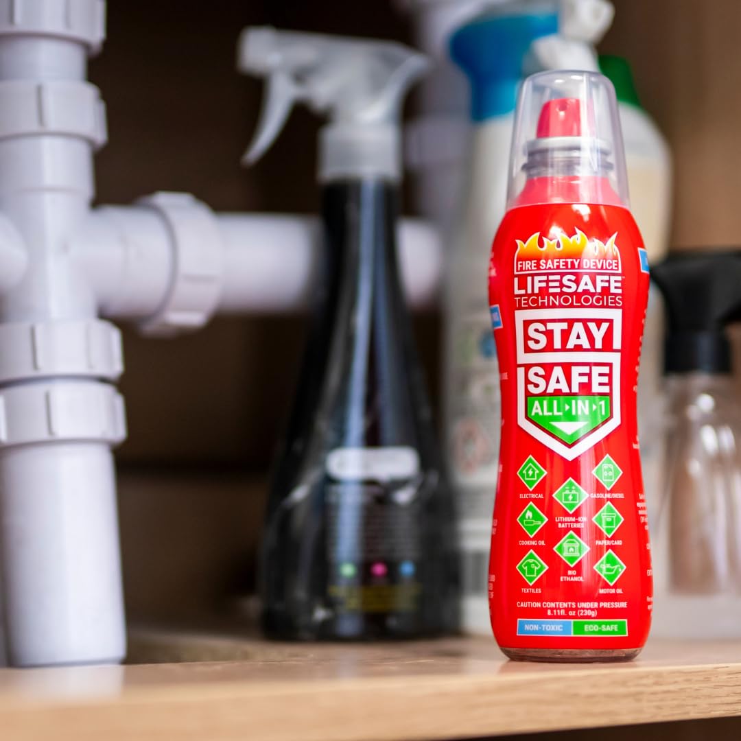 LifeSafe Technologies StaySafe All-in-1 Portable Fire Extinguisher - Compact & Easy to Use, for Home, Kitchen, Car, Garage, Boat, Non-Toxic & Eco-Friendly, Tackles 10 Types of Fire, Pack of 3