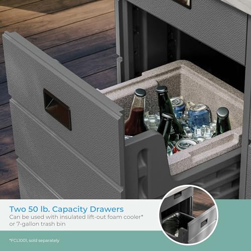 Suncast Backyard Oasis Entertainment Pull-Out Drawers and Shelving Space, Water-Resistant Outdoor Food and Bar Unit, Gray