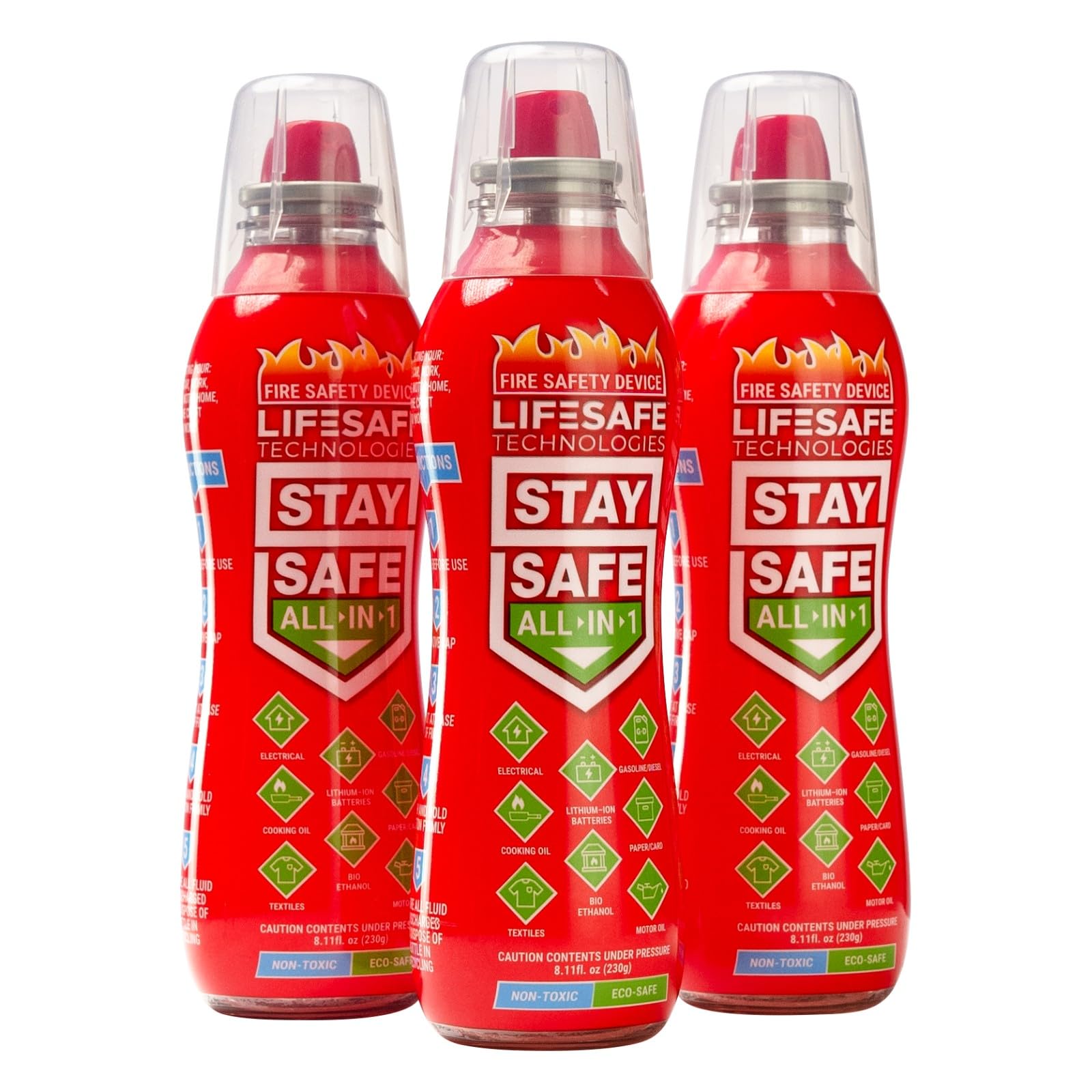 LifeSafe Technologies StaySafe All-in-1 Portable Fire Extinguisher - Compact & Easy to Use, for Home, Kitchen, Car, Garage, Boat, Non-Toxic & Eco-Friendly, Tackles 10 Types of Fire, Pack of 3