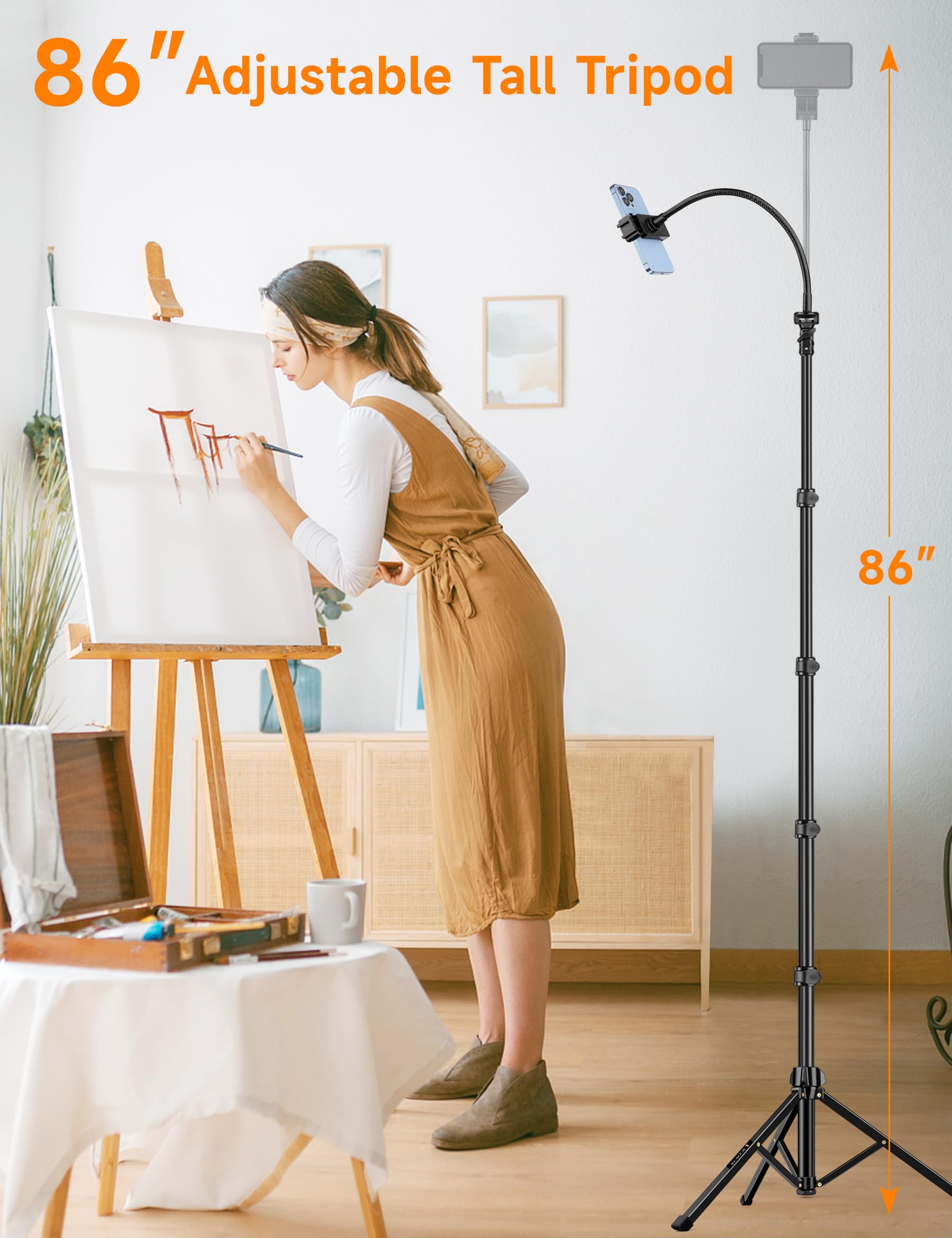 Phone Tripod, 86" Tall Tripod for iPhone with Flexible Gooseneck & Remote, Portable Aluminum Cellphone Stand for Selfies, Video Recording,Travel, Compatible with iPhone Android