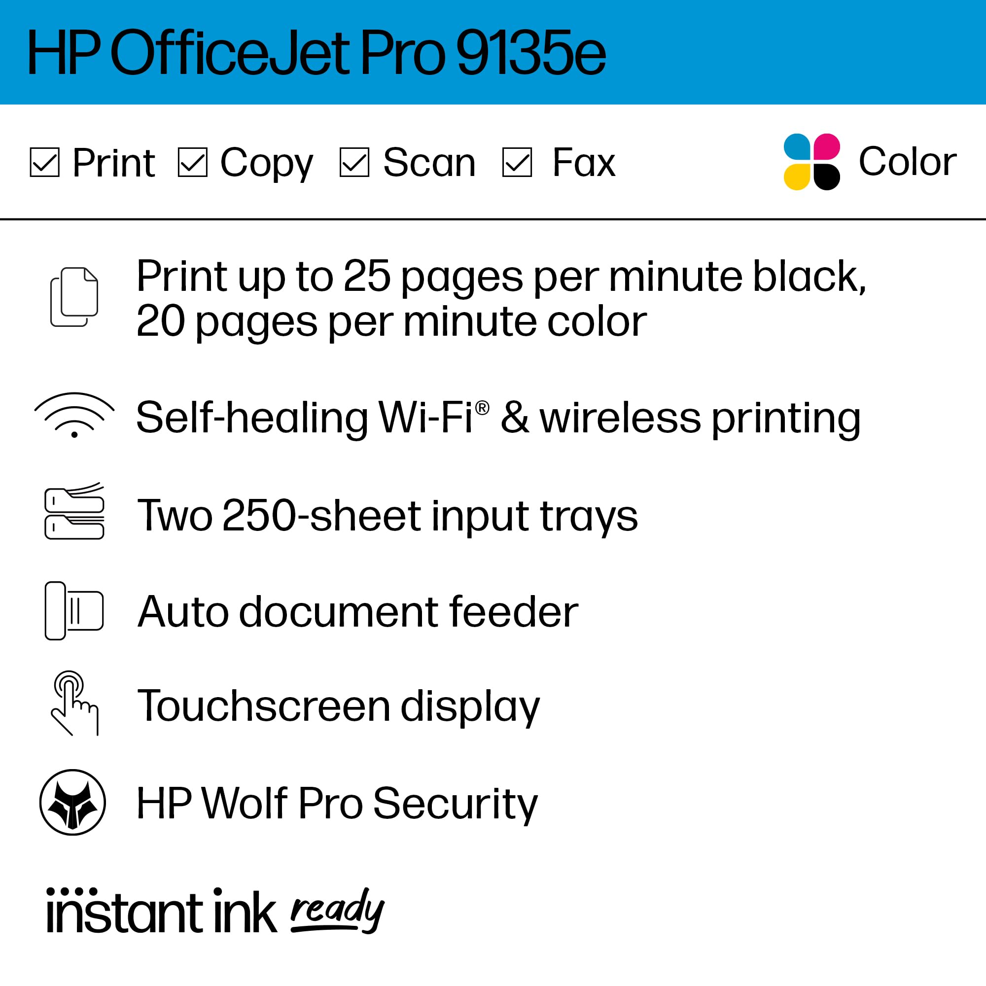 HP OfficeJet Pro 9135e All-in-One Printer, Color, Printer-for-Small Medium Business, Print, Copy, scan, fax, Wireless 3 months of Instant Ink included; Two-Sided Printing; Two-Side