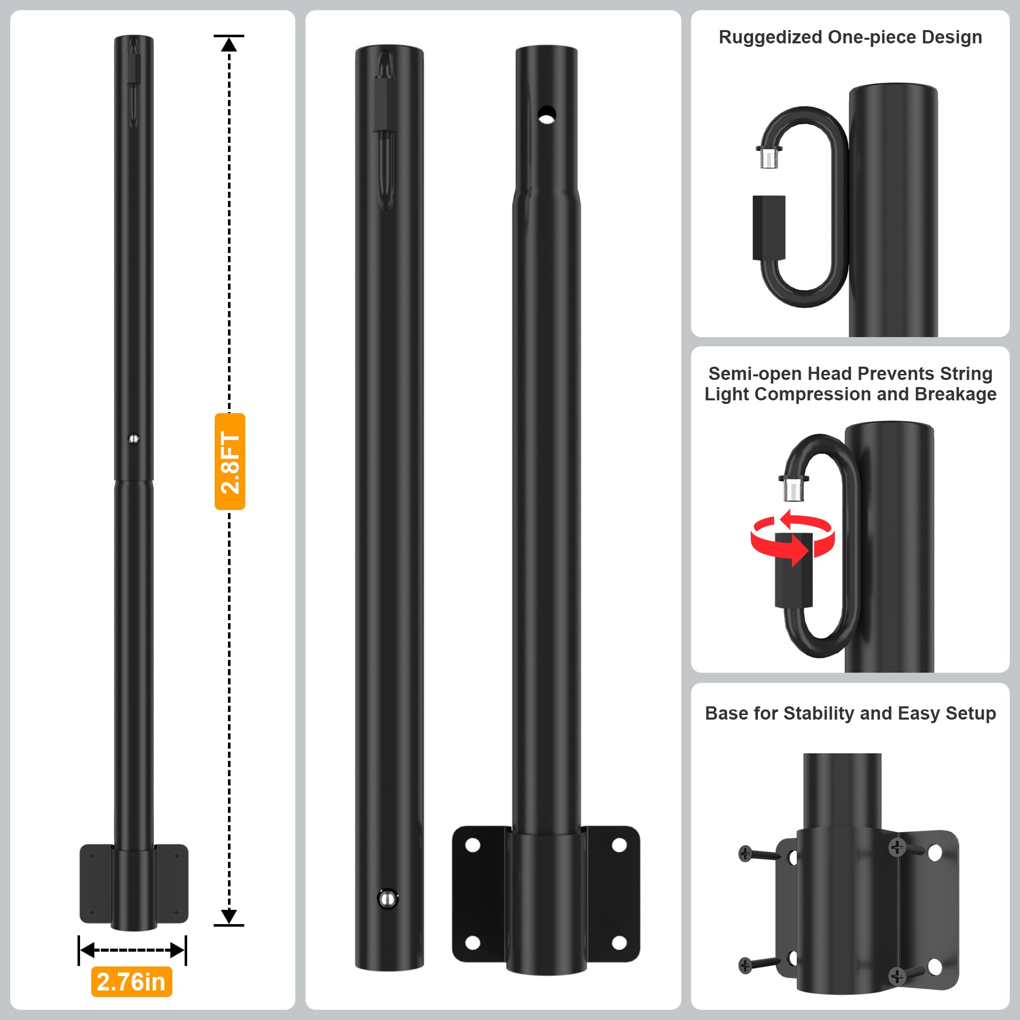 Suchtale 4 Pack 2.8 FT String Light Poles, Suspension Outdoor Fence Post Lights with Clip and Bracket, Outside String Lights Hanging, Wall Mounting Stand for Patio Garden Backyard Wedding Party, Black