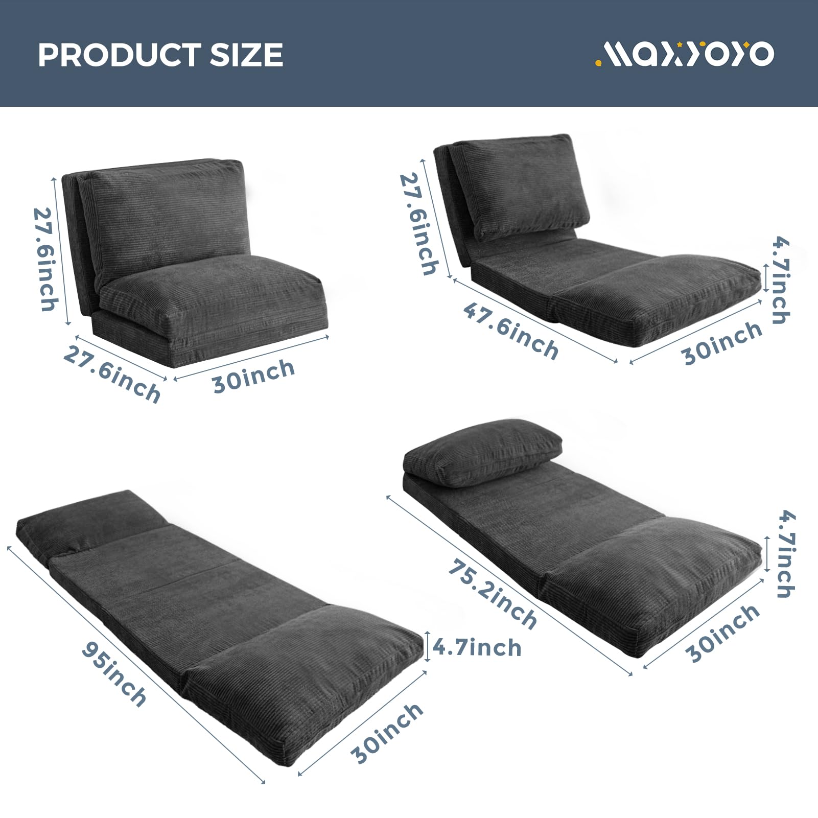 MAXYOYO Bean Bag Bed Folding Sofa Bed Floor Mattress for Adults, Extra Thick and Long Floor Sofa with Corded Washable Cover, Dark Grey, 30x95 Inch
