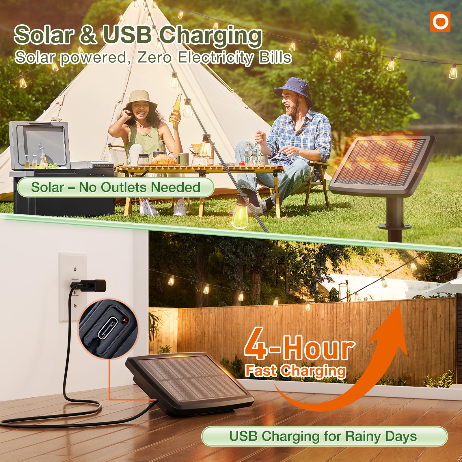 addlon 54(48+6) FT Solar String Lights Waterproof,Patio Lights Solar Powered with Remote & USB Port 15+1 LED Shatterproof Bulbs 3 Light Modes, Dimmable Solar Lights for Camping Backyard Garden