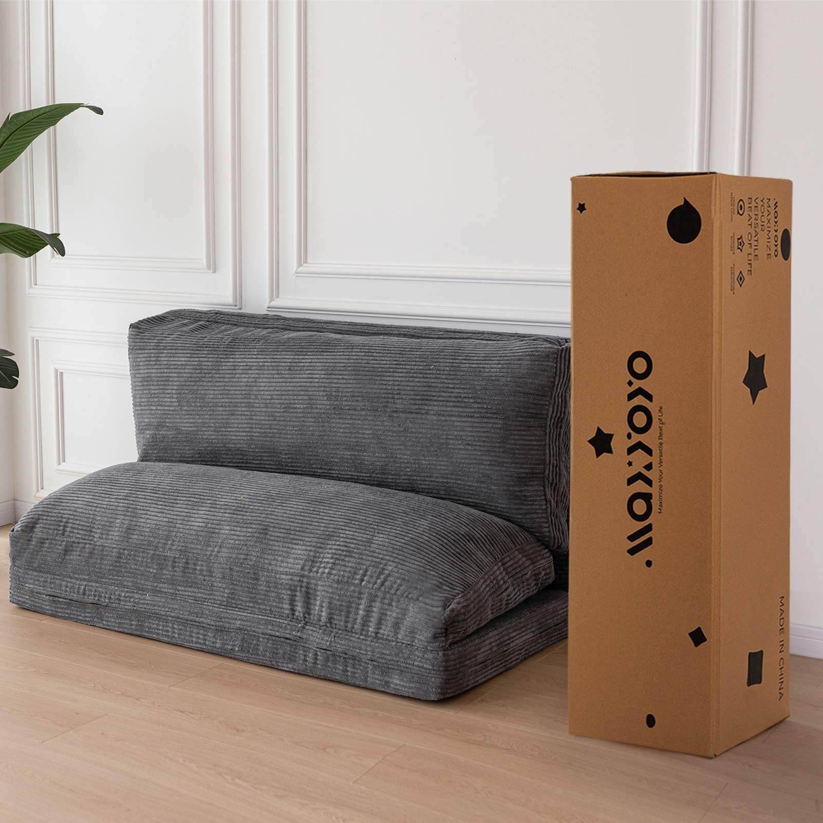 MAXYOYO Bean Bag Bed Folding Sofa Bed Floor Mattress for Adults, Extra Thick and Long Floor Sofa with Corded Washable Cover, Dark Grey, 30x95 Inch