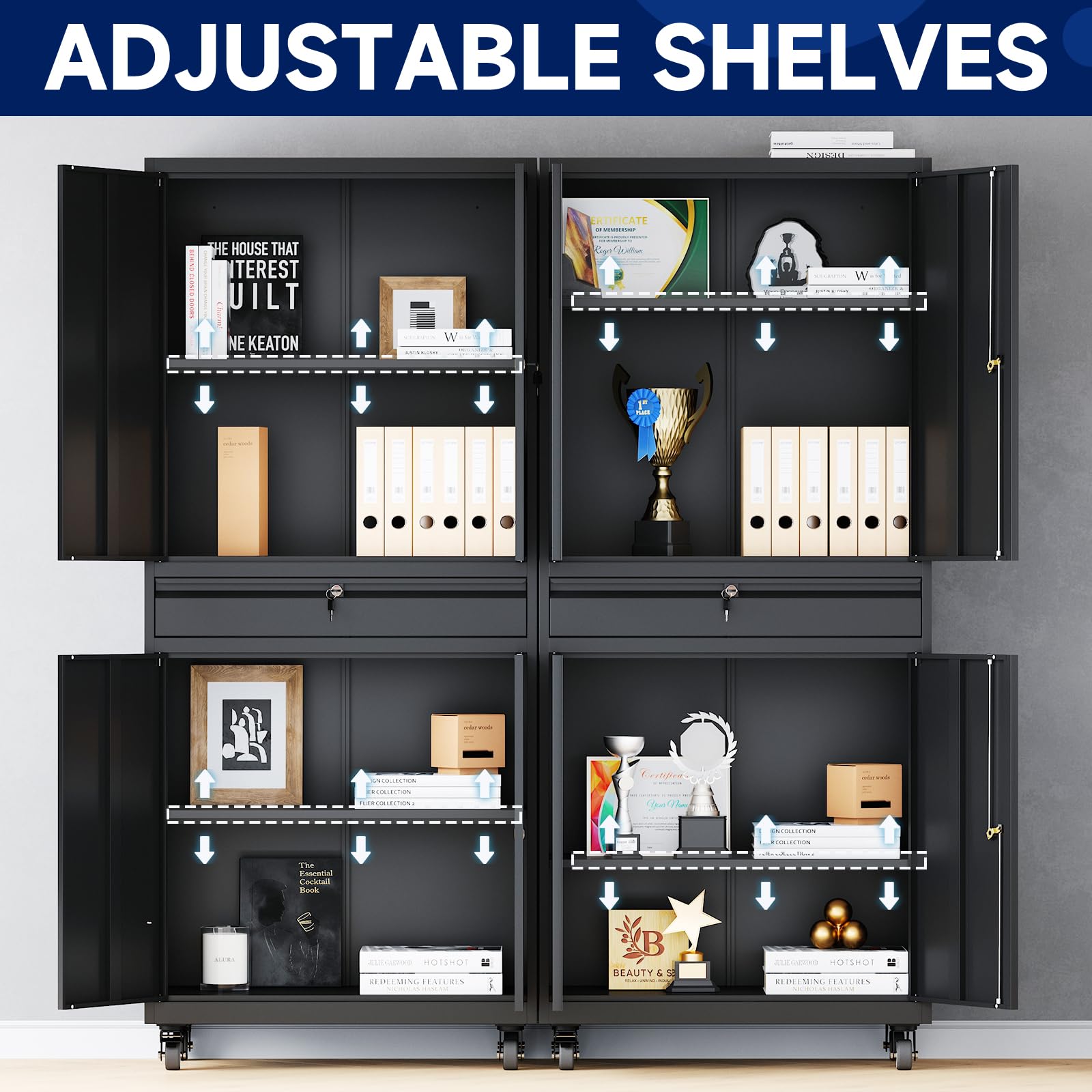 Yizosh Metal Garage Storage Cabinet with Locking Doors and Adjustable Shelves, Rolling Tool Storage Cabinet with 4 Wheels and 1 Drawer - 73" Steel Locking Cabinet for Garage, Warehouse (Black)