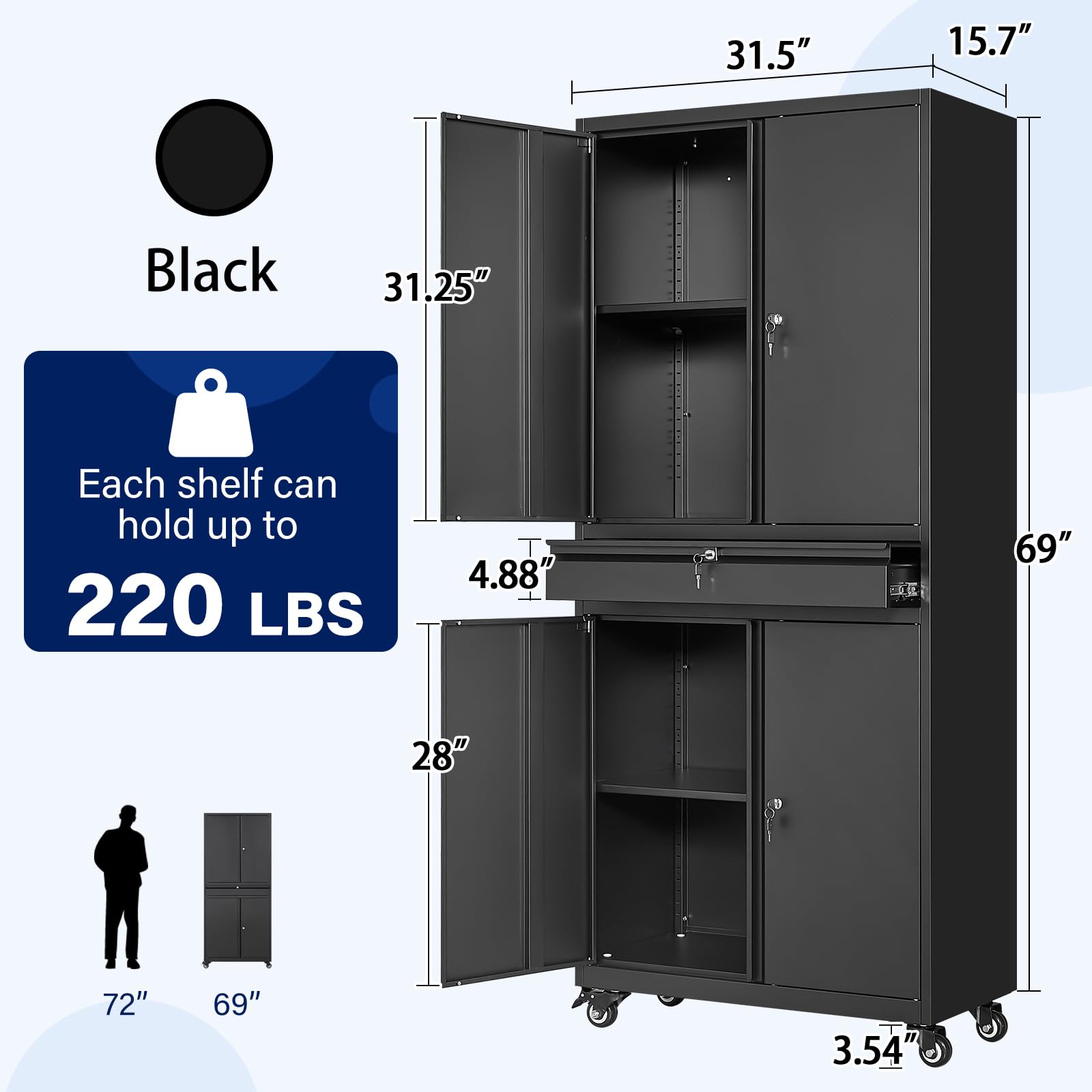 Yizosh Metal Garage Storage Cabinet with Locking Doors and Adjustable Shelves, Rolling Tool Storage Cabinet with 4 Wheels and 1 Drawer - 73" Steel Locking Cabinet for Garage, Warehouse (Black)