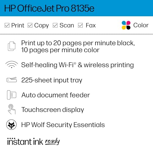 HP OfficeJet Pro 8135e Wireless All-in-One Color Inkjet Printer, Print, Scan, Copy, Fax, ADF, Duplex Printing, Best-for-Home Office, 3 Months of Instant Ink included (40Q35A)