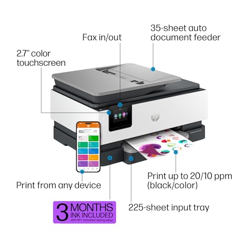HP OfficeJet Pro 8135e Wireless All-in-One Color Inkjet Printer, Print, Scan, Copy, Fax, ADF, Duplex Printing, Best-for-Home Office, 3 Months of Instant Ink included (40Q35A)