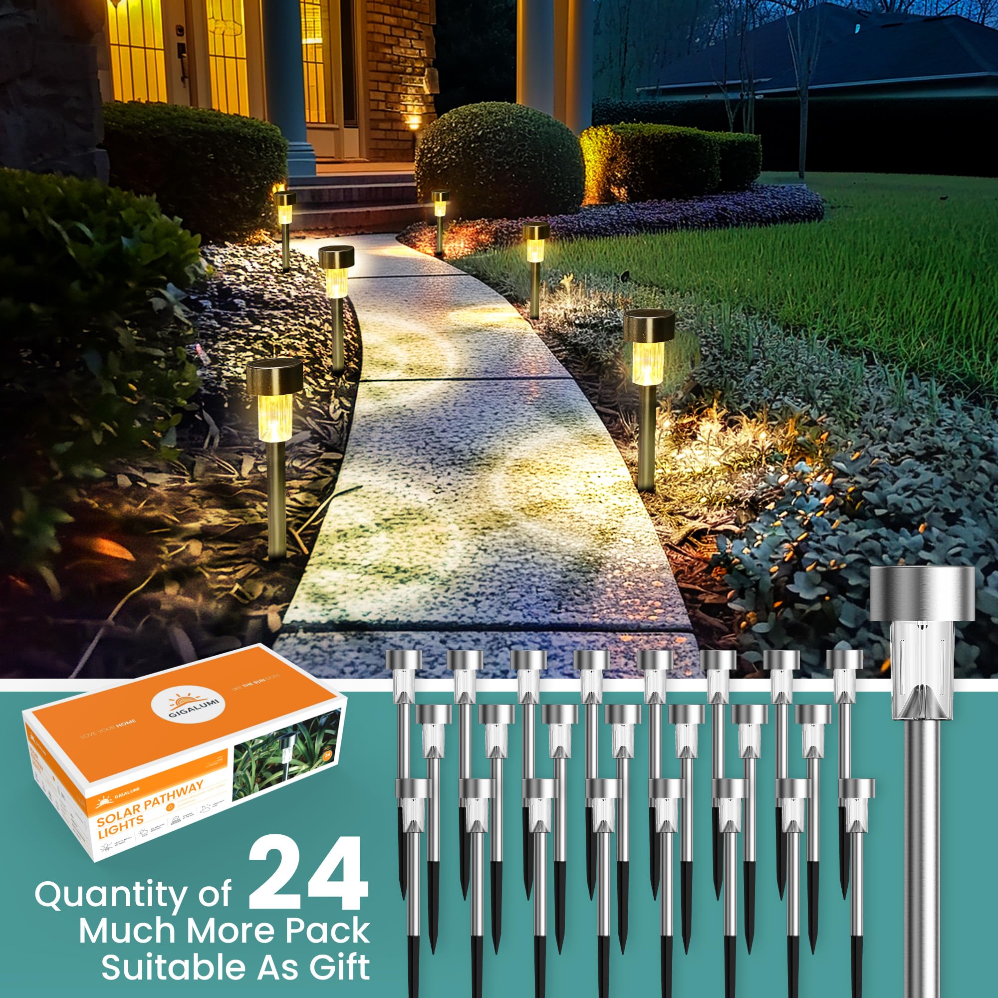 GIGALUMI 24 Pack Solar Path Lights Outdoor,Solar Lights Outdoor Waterproof,Stainless Steel LED Landscape Lighting,Solar Garden Lights for Driveway,Pathway,Patio,Yard