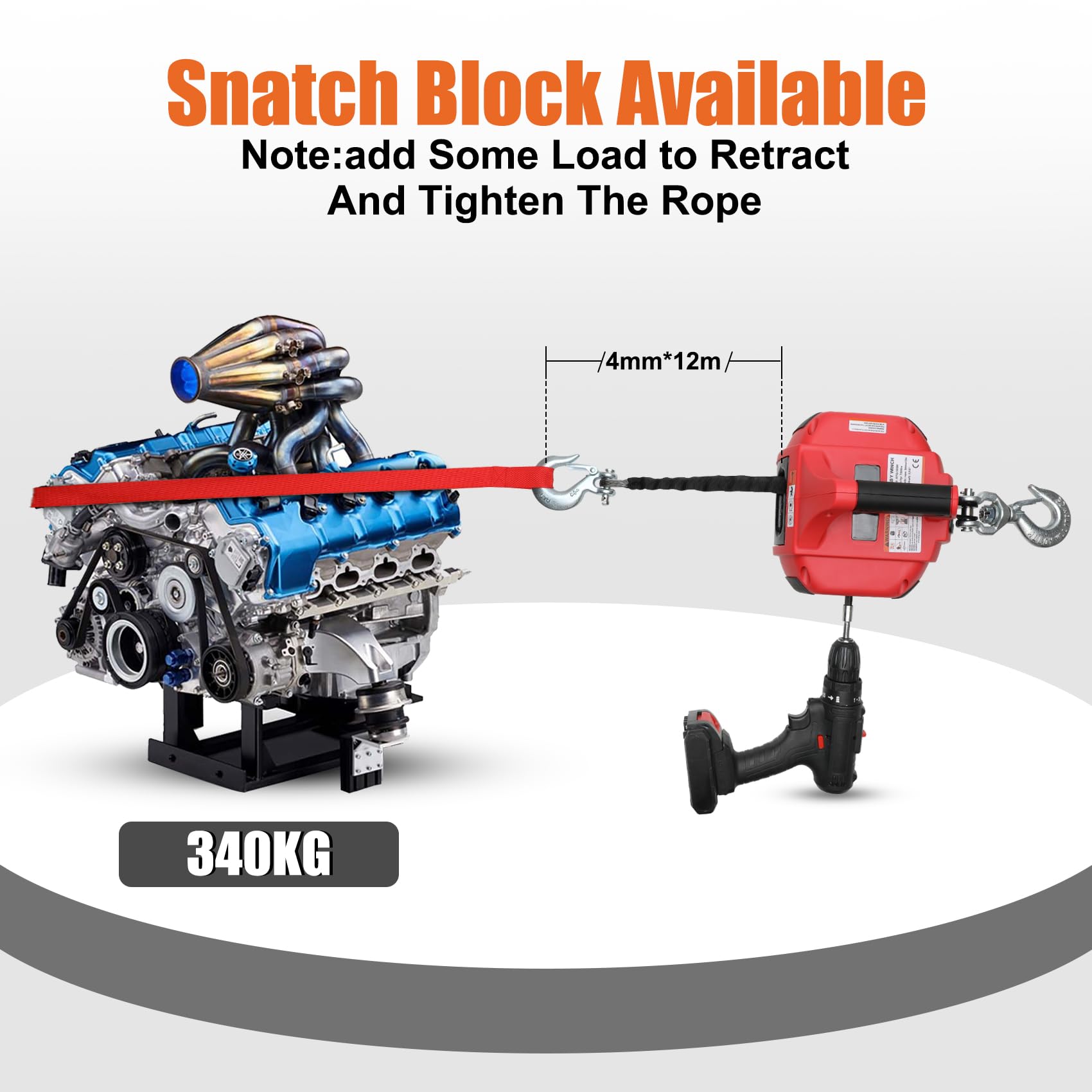 Lonsge Portable Drill Winch of 1000 Lbs, Red Handheld Drill Winch with 40 Foot Synthetic Rope, Rotate The Hook 360 Degrees, for Lifting & Dragging(Red)