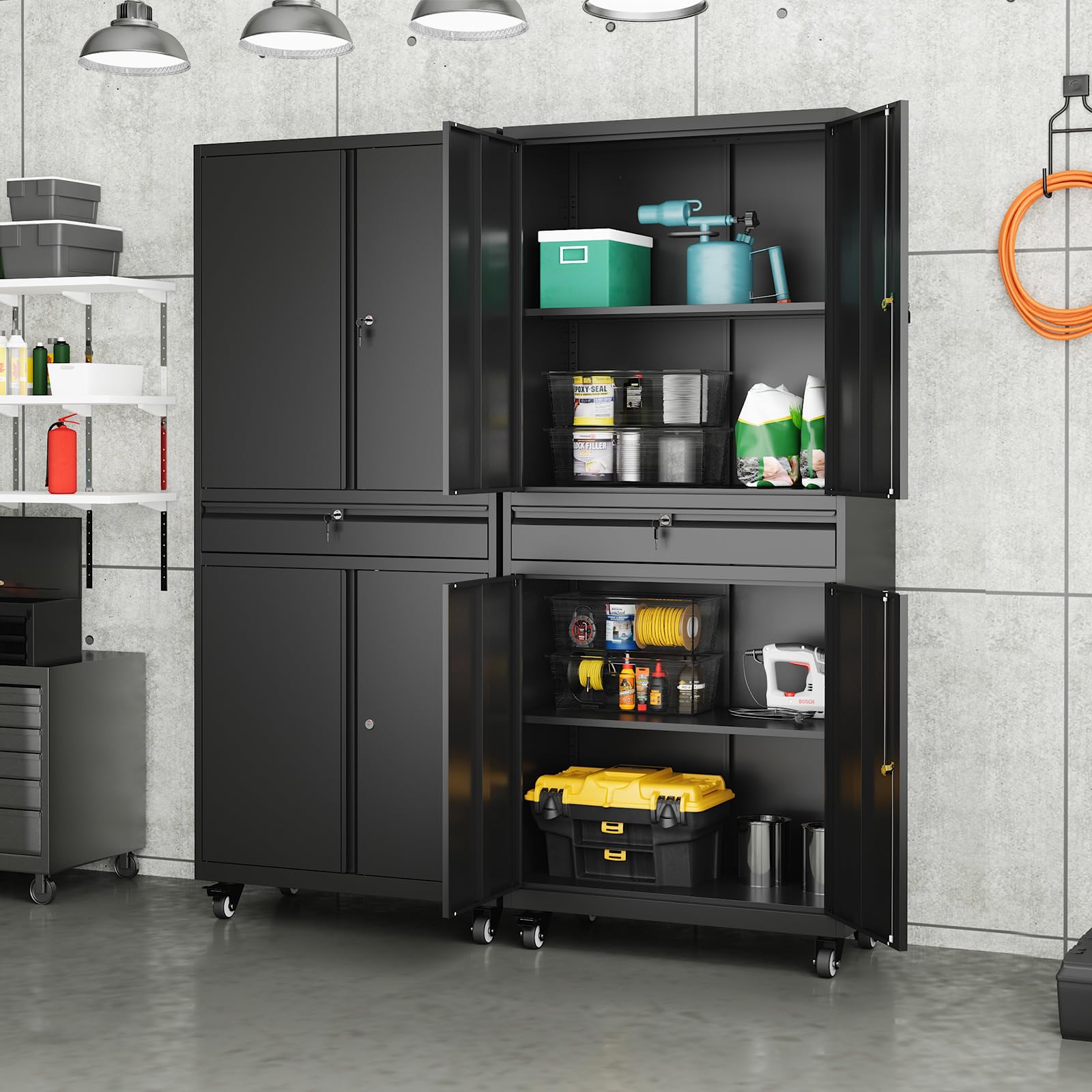 Yizosh Metal Garage Storage Cabinet with Locking Doors and Adjustable Shelves, Rolling Tool Storage Cabinet with 4 Wheels and 1 Drawer - 73" Steel Locking Cabinet for Garage, Warehouse (Black)